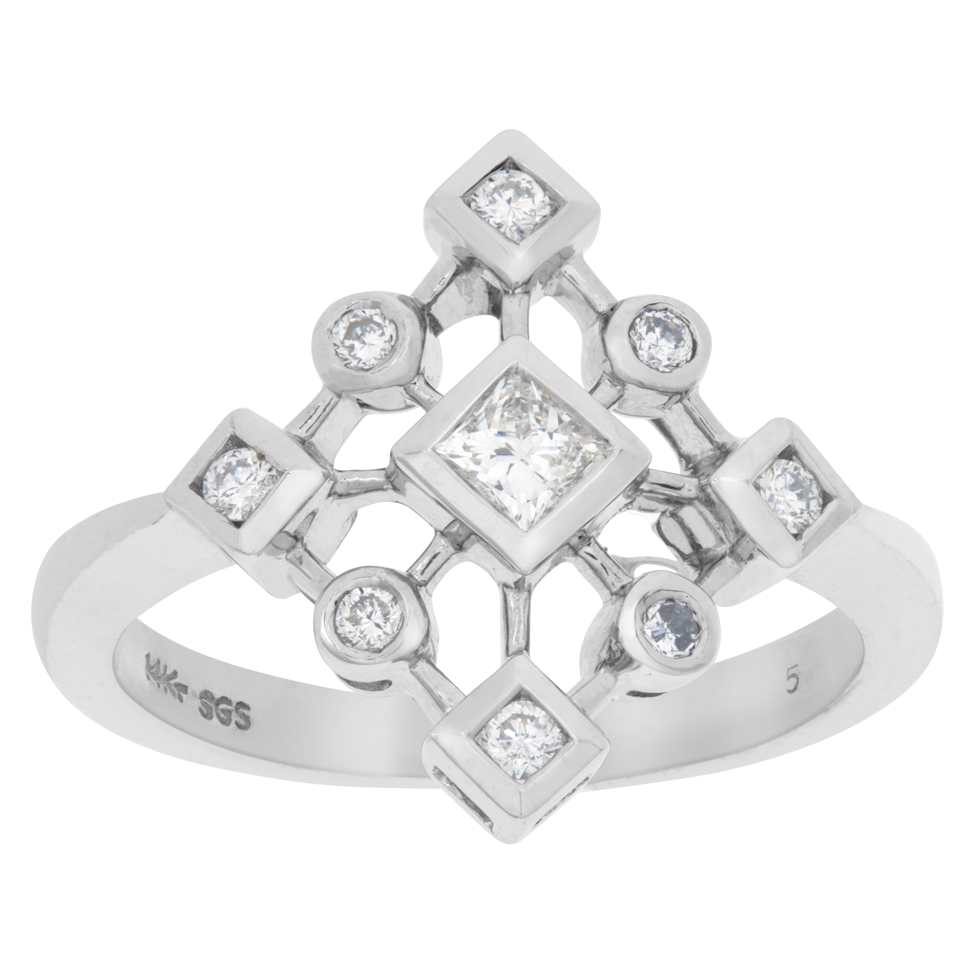 14k white gold snowflake ring with 0.25 carat in princess cut and