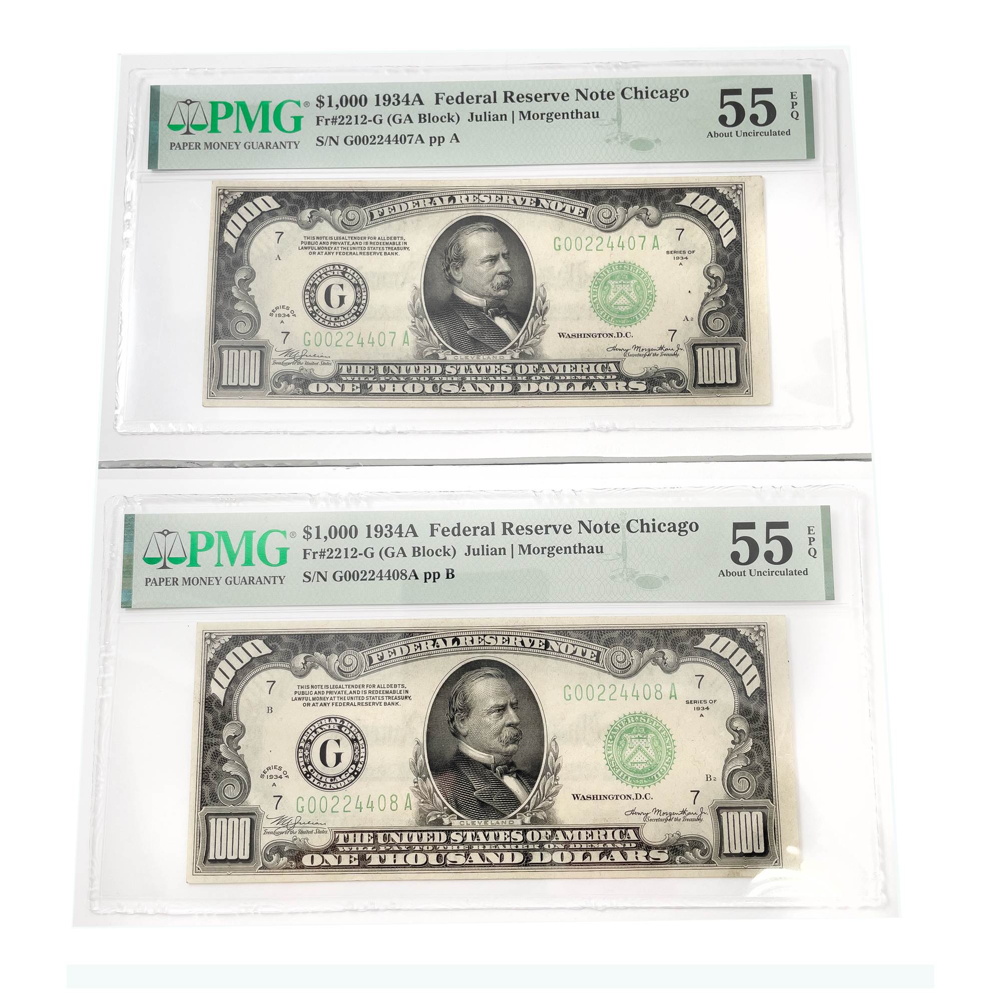 1934 A CHICAGO $1000 consecutive pair PMG 55 EPQ - About | Gray & Sons