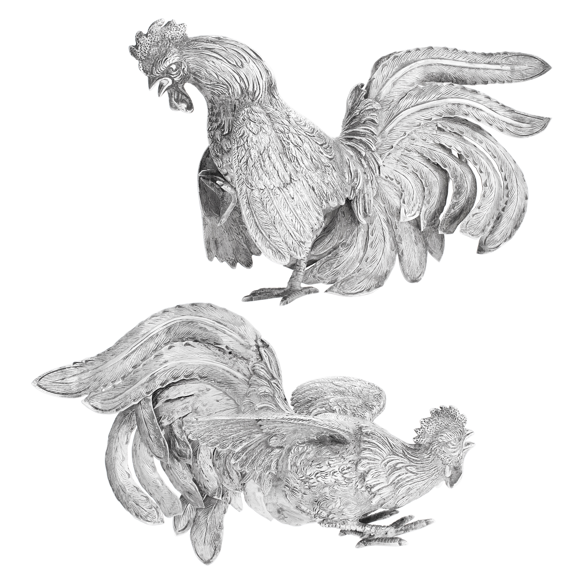 Antique pair of Sterling Silver Fighting Coq signed Camusso