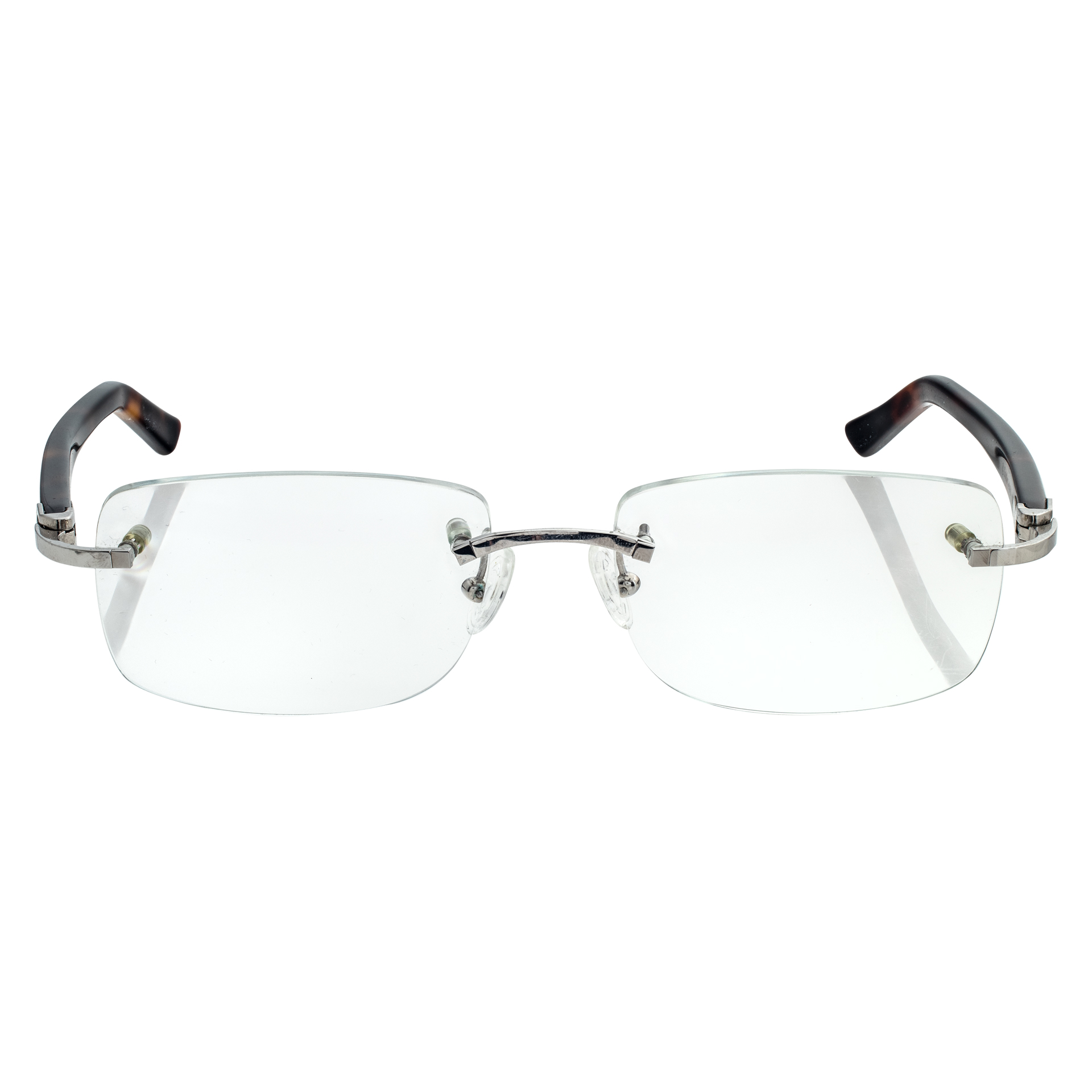 Cartier rimless eyeglasses with tortoise shell temples | Gray & Sons