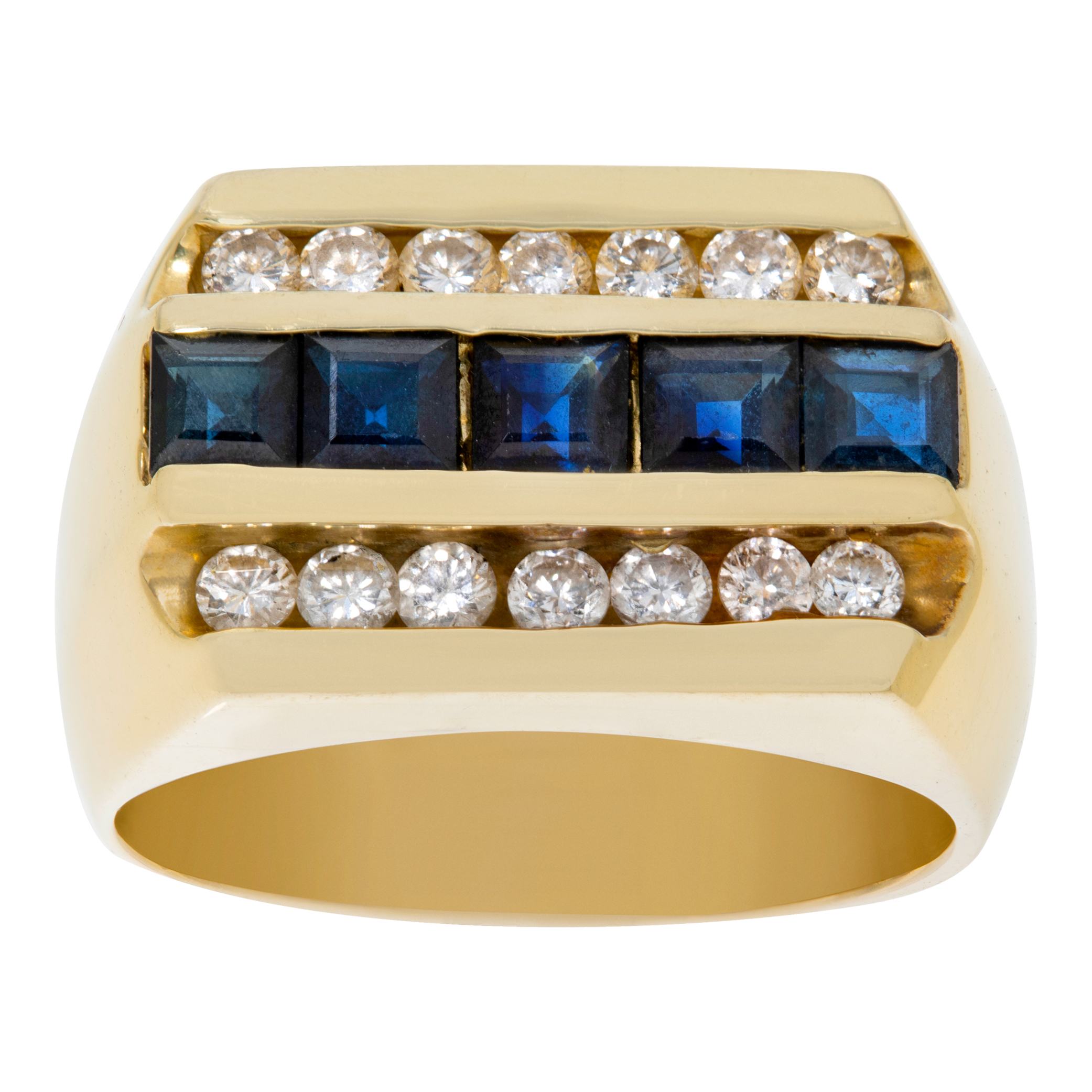 Double row of diamonds around square cut deep blue sapphires