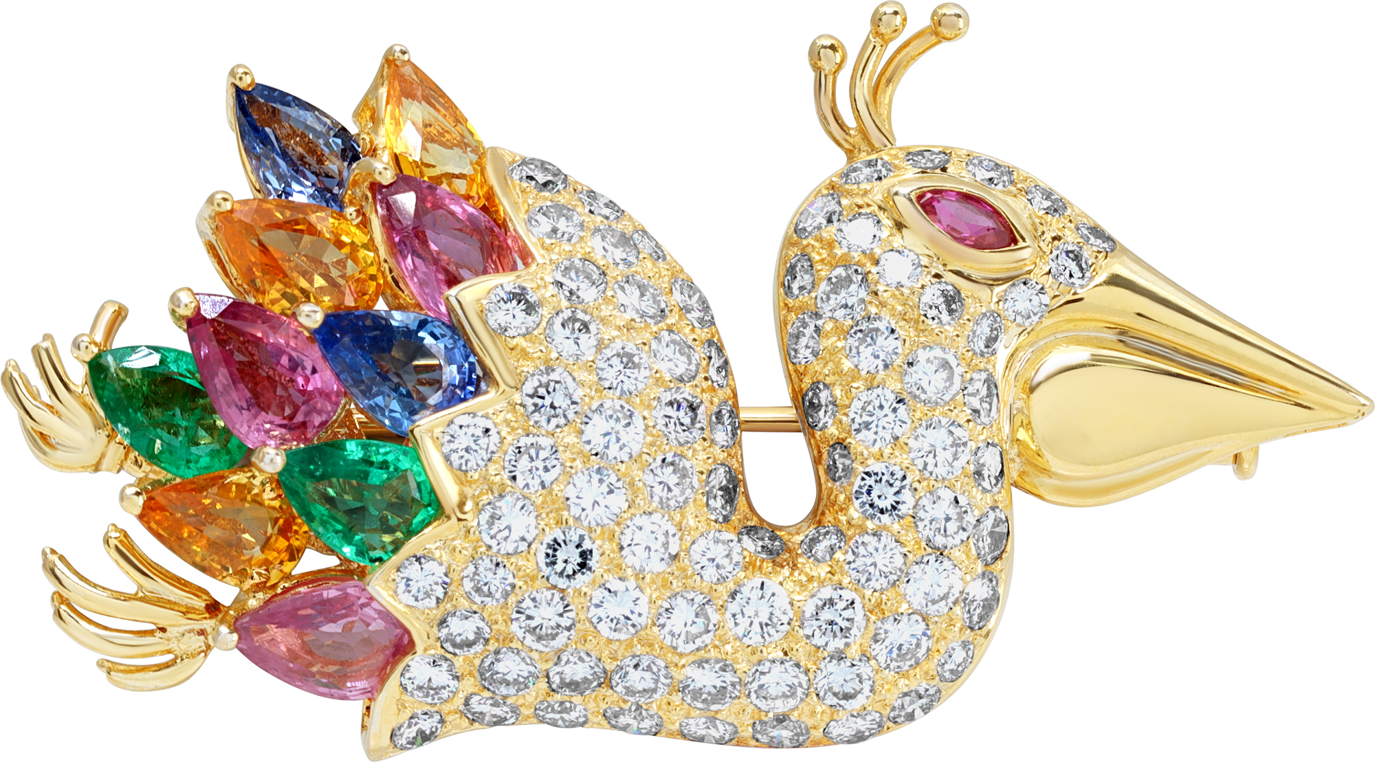 DIamonds & multi colored sapphires Stork pin in 18K yellow gold.