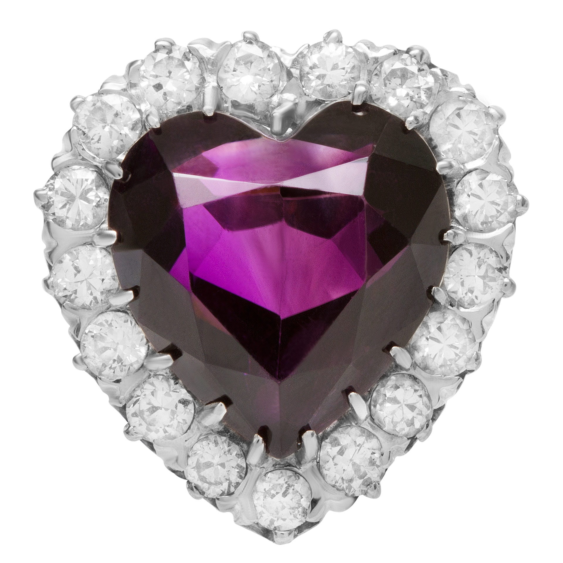 Heart shaped amethyst and diamond ring in 14k white gold