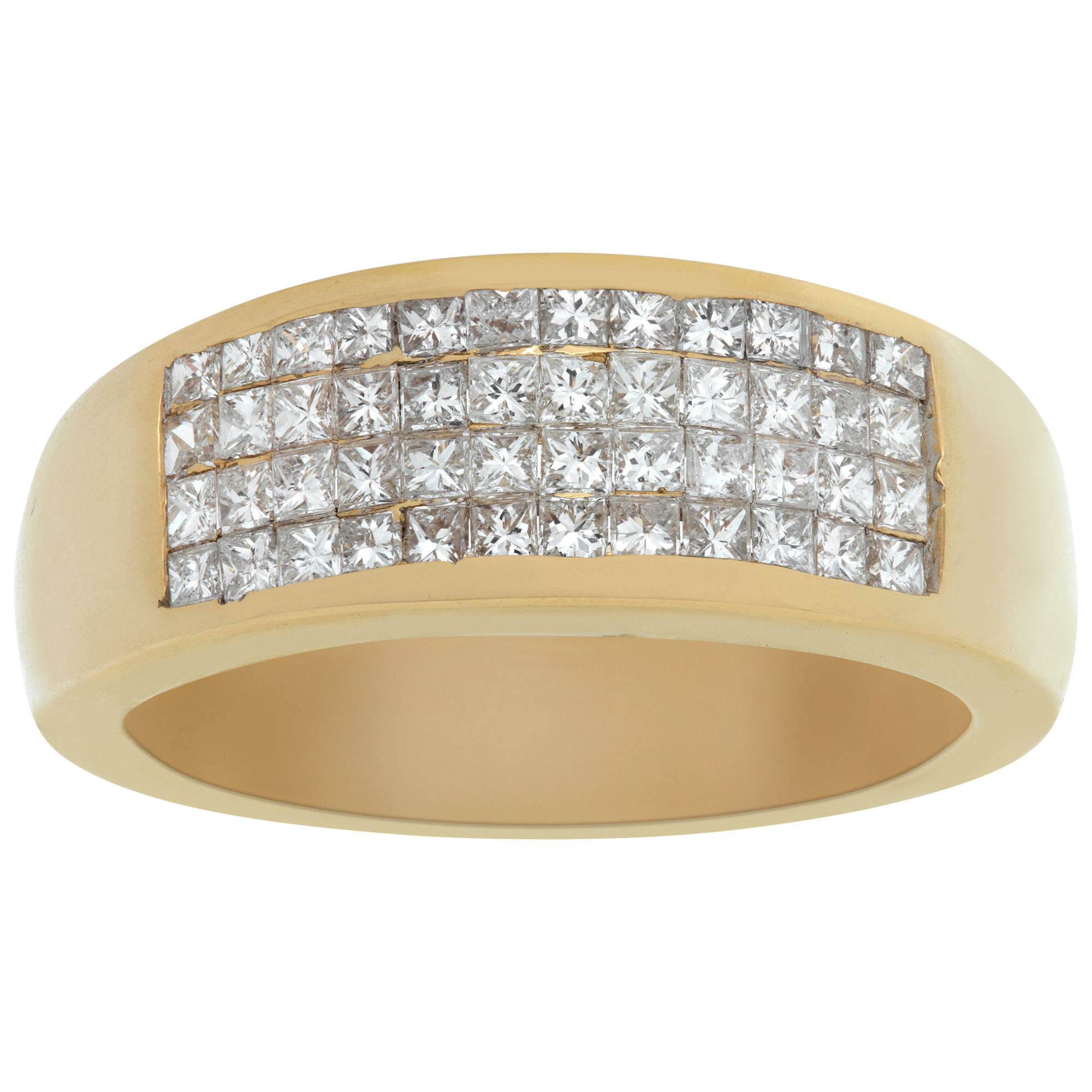 Invisible set in 14K gold, brilliant princess cut diamond ring.