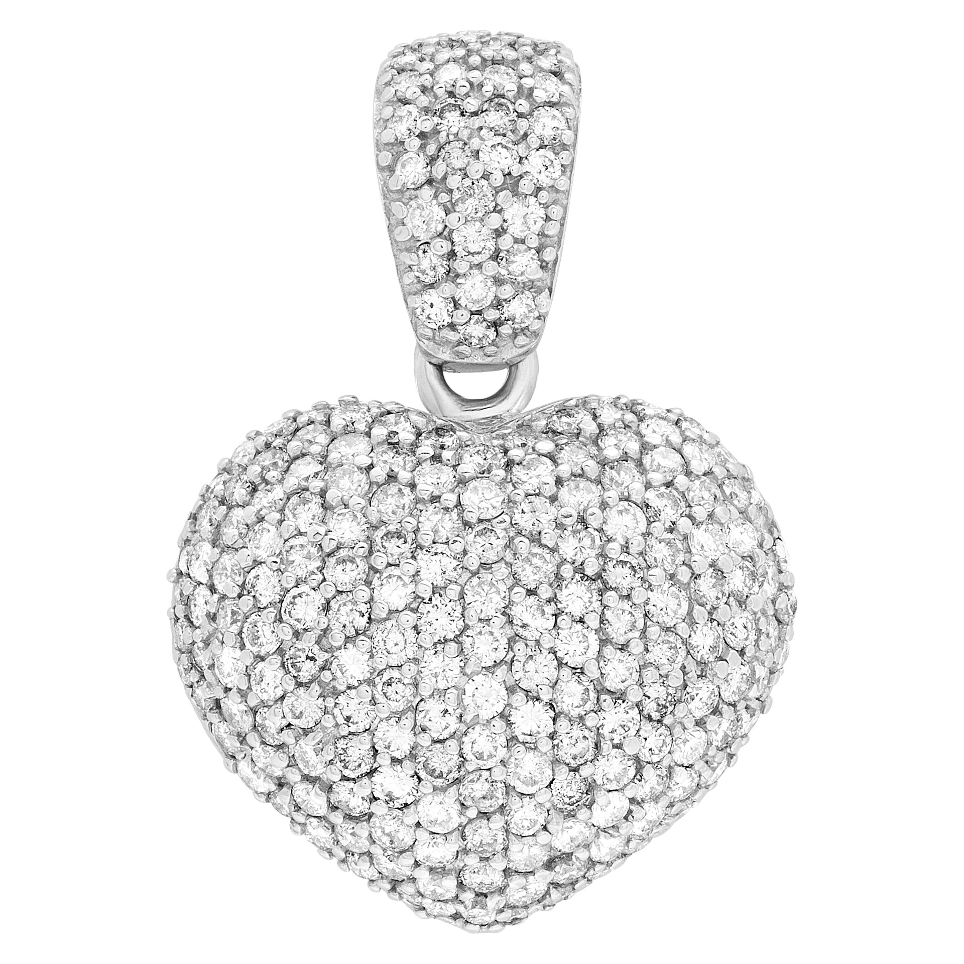 Sparkling puffed pave diamond heart pendant in 14k white gold.