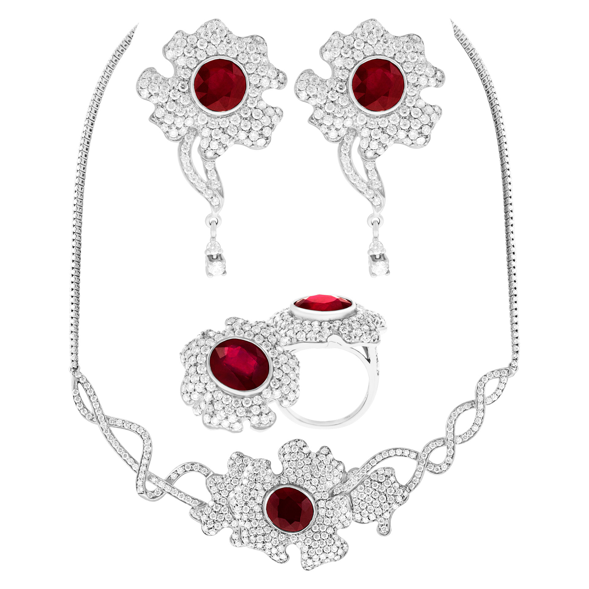 Stunning Floral Design Jewelry Set In 18k White Gold W/ Rubies