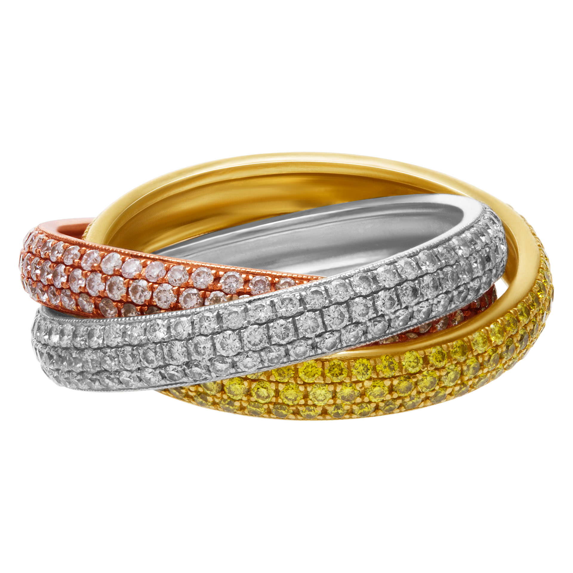 Tri-color rolling pave diamond ring in yellow, white and pink gold.