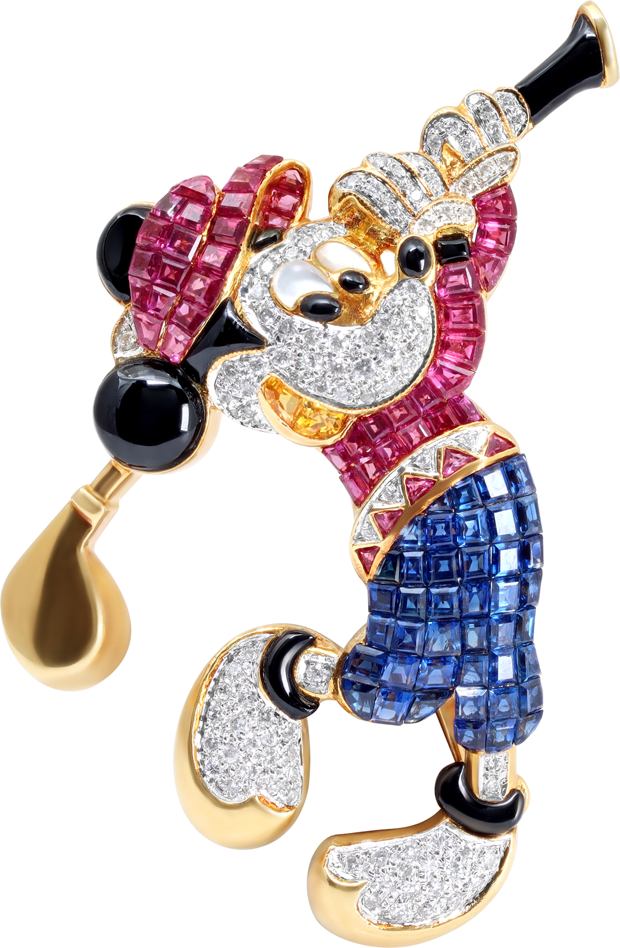 Unique Mickey Mouse swinging golf pin with sapphires, rubies