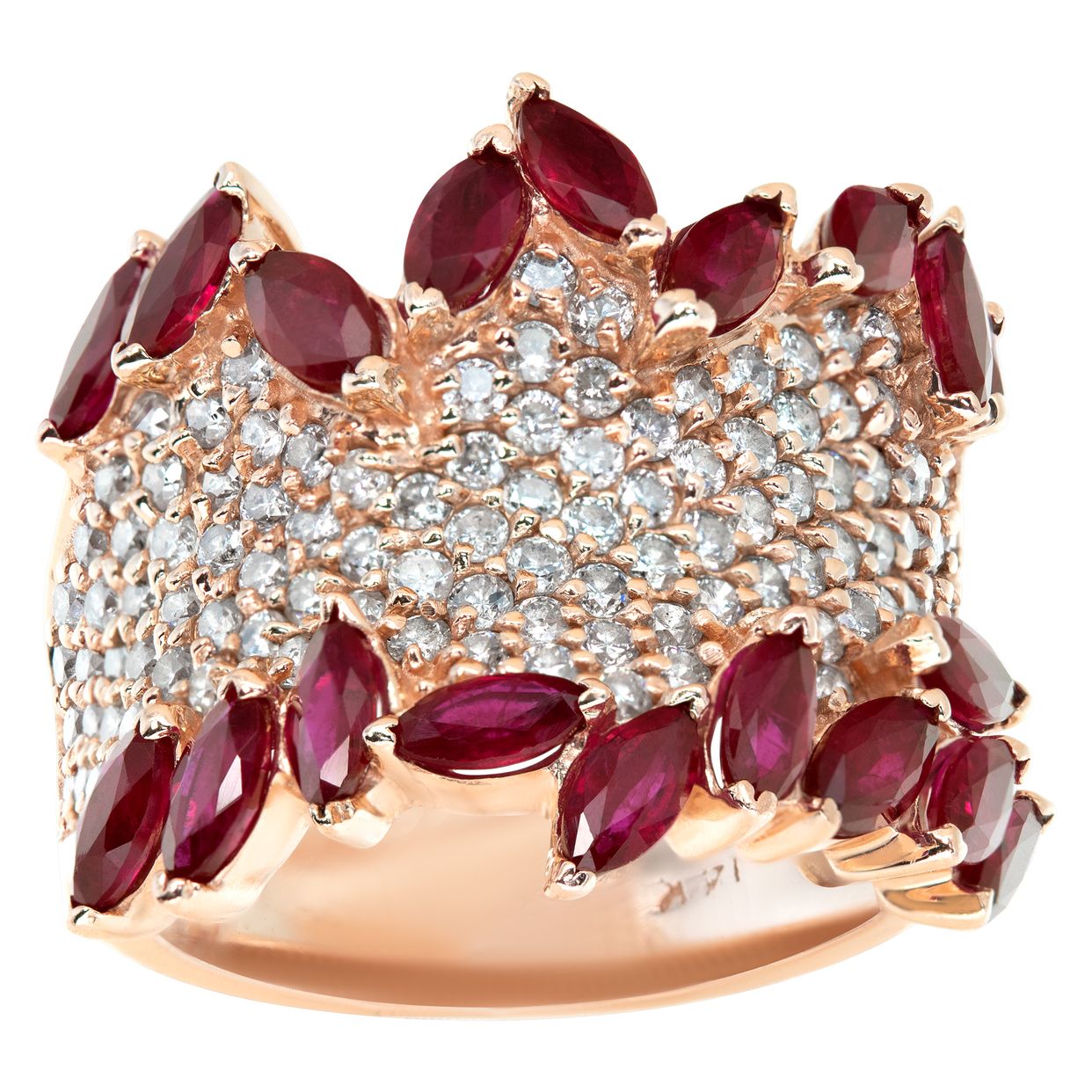 14k rose gold pave set diamond ring with pear shaped rubie