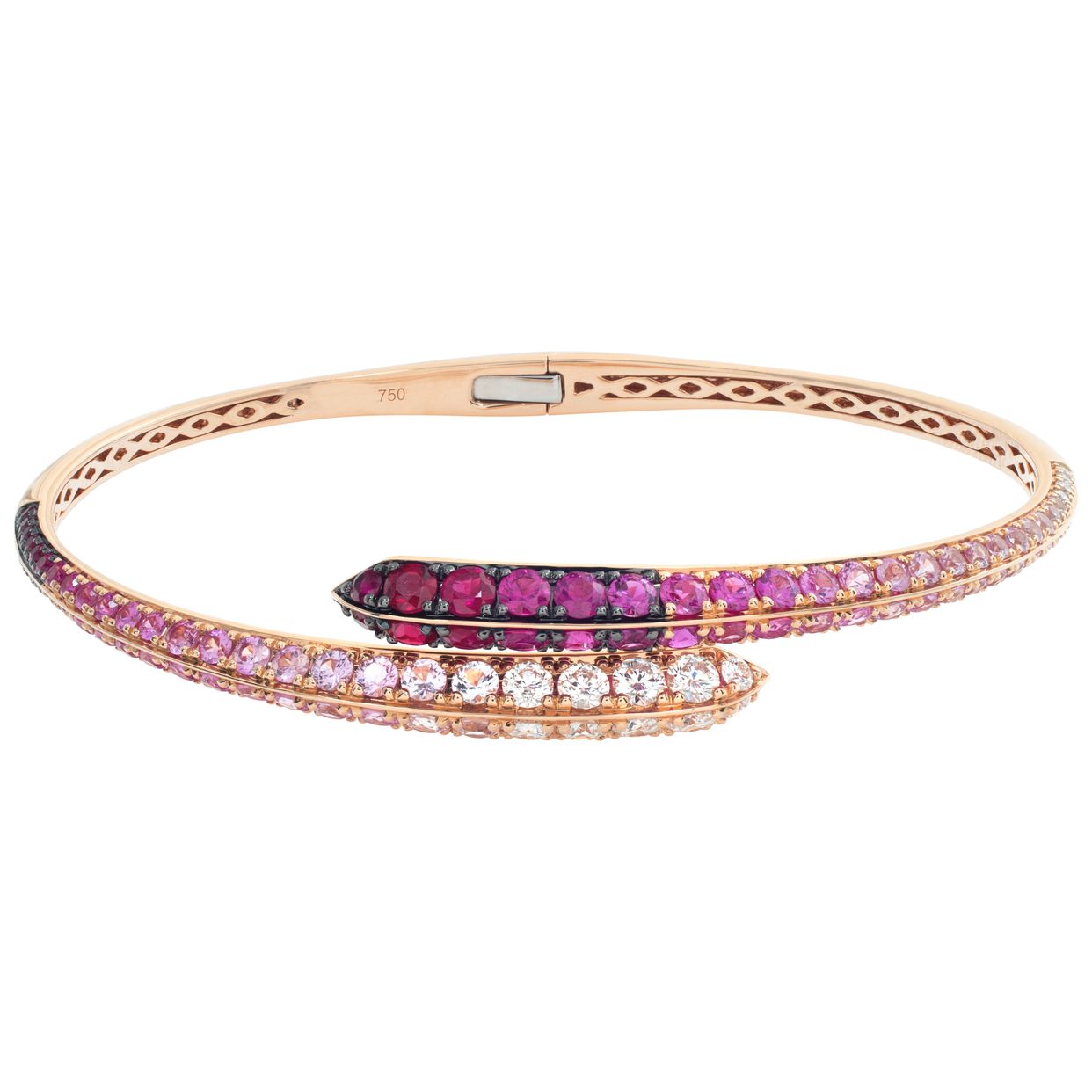 18k rose gold bangle with diamonds, pink sapphires, and rubi