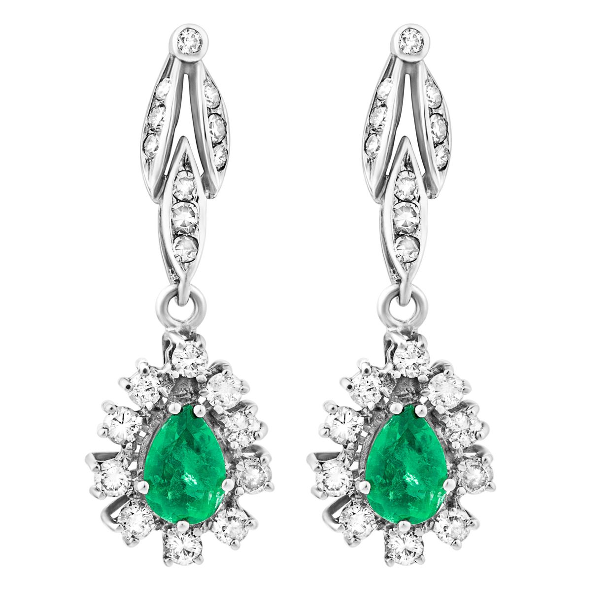18k white gold dangling tear drop emerald earrings ctw appr. 2