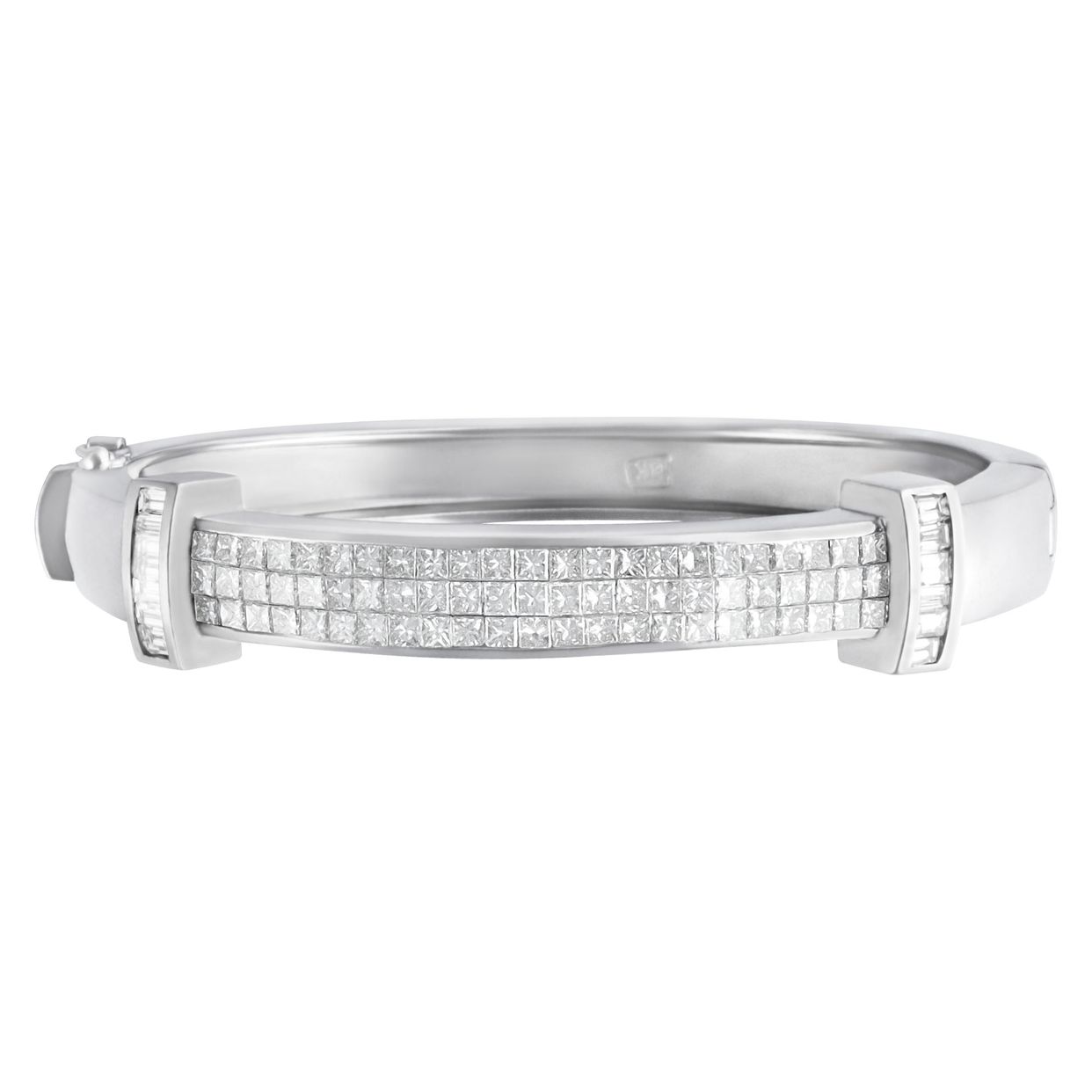 3 Row channel set diamond bangle in 18k white gold with over