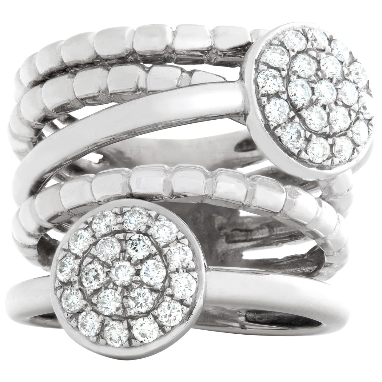 5 banded ring with 2 pave diamond clusters in 18k white gold,
