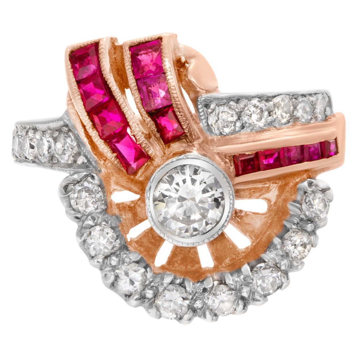 Art Deco"Spray" diamond and ruby ring in 14k rose gold | Gray & Sons