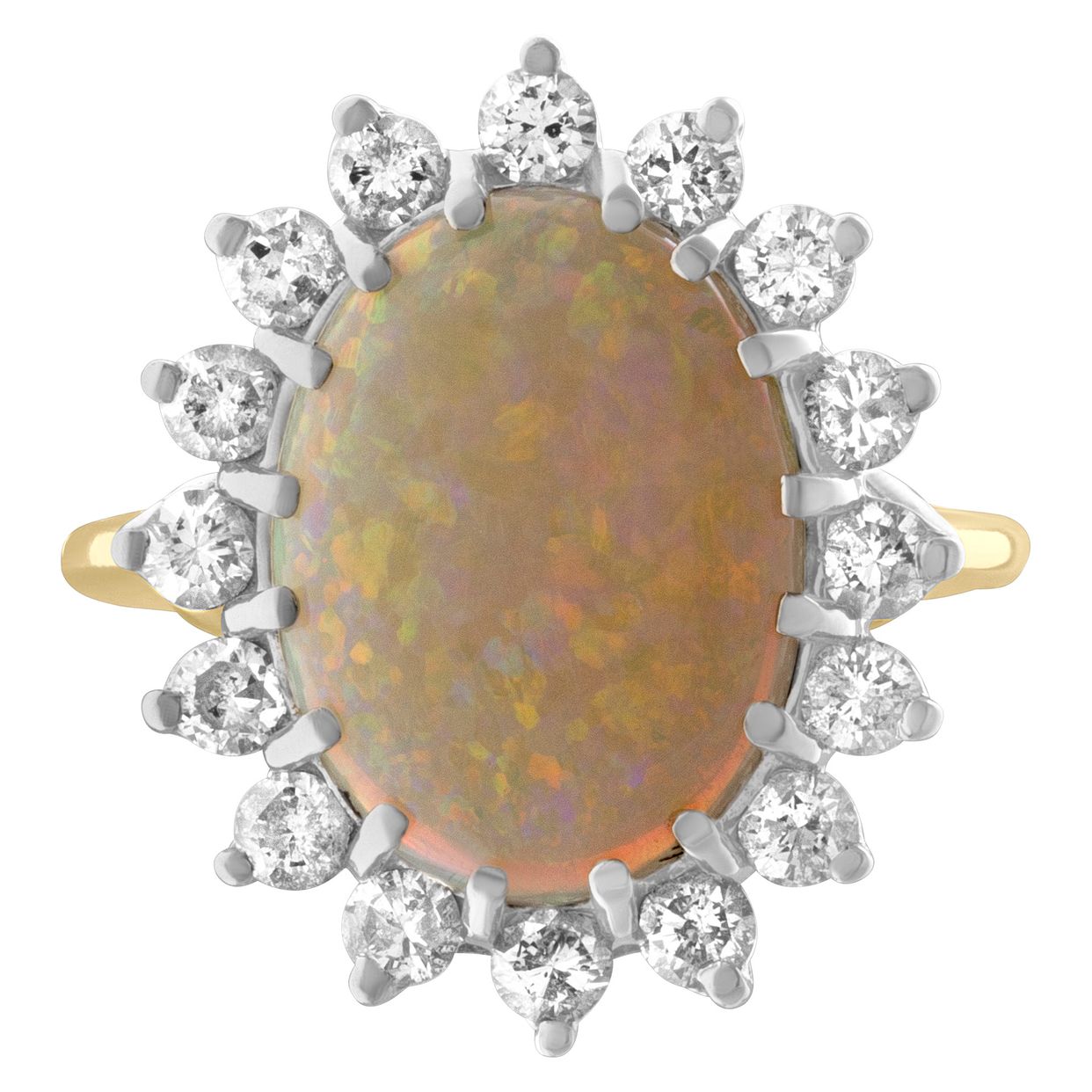 Australian oval shaped fire opal ring surrounded by 0.60 carats in