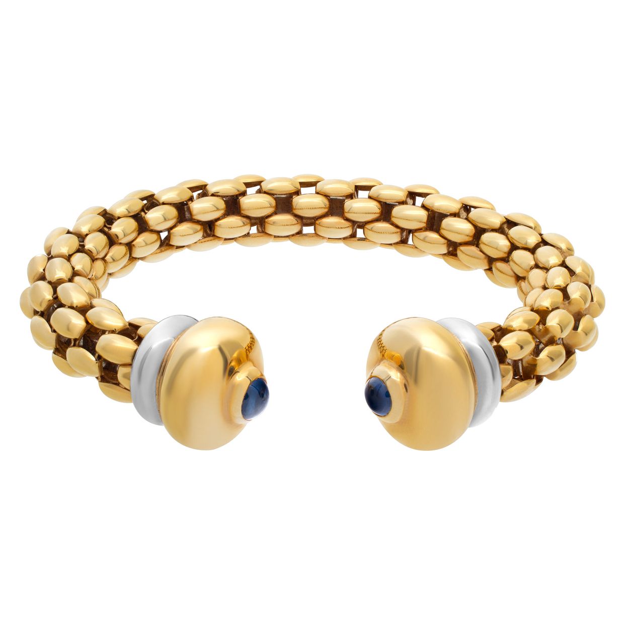 Box link bangle with sapphire cabachon end caps in 18k | Gray & Sons
