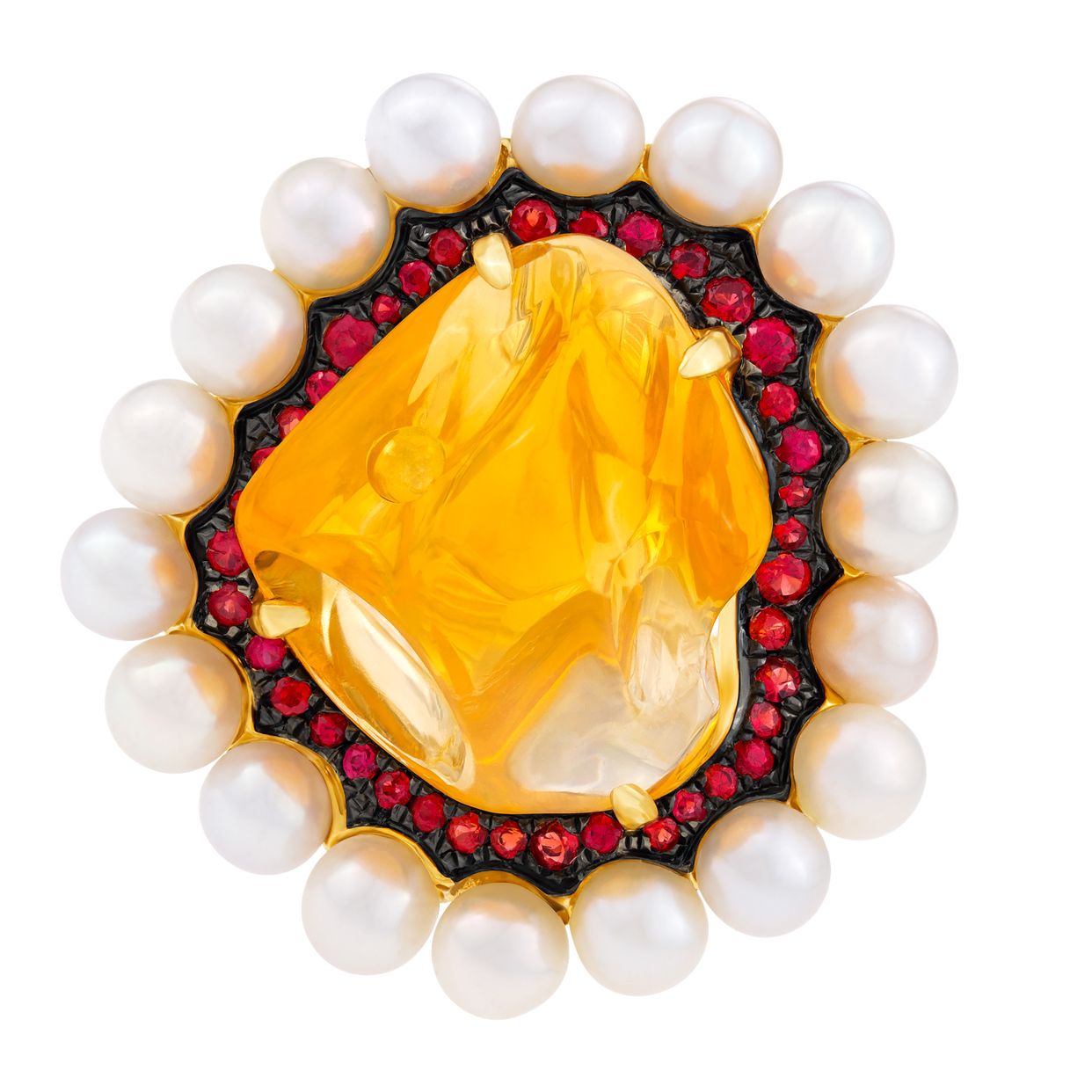 Bright onyx ring with rubies and pearls in 18K gold | Gray & Sons