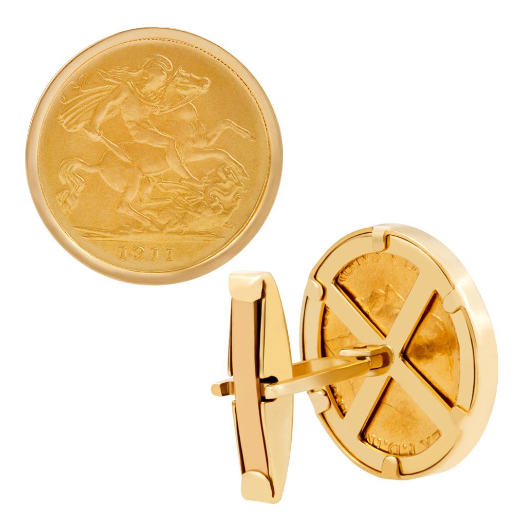 British Half Sovereign coin cufflinks framed in 18k yellow gold