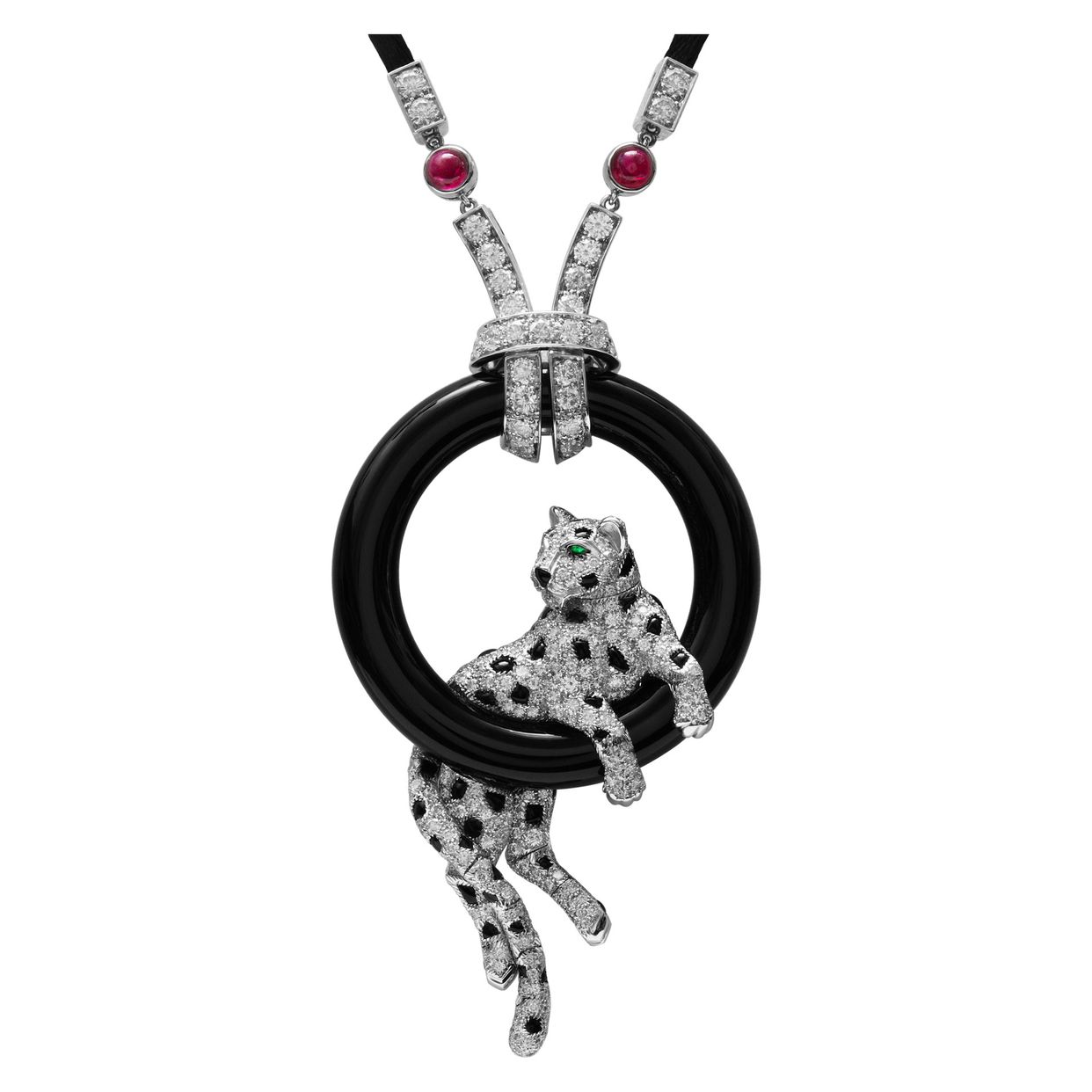 Cartier Panthere pendant in platinum with onyx swing & pave