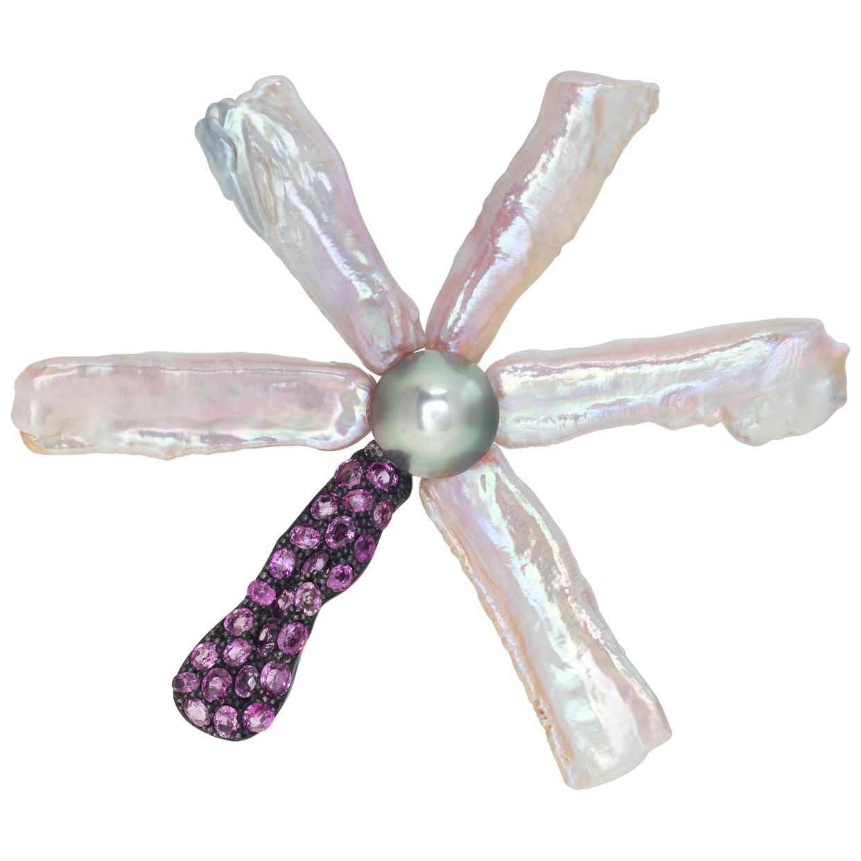 Christopher Walling signed pearl and pink sapphire brooch in