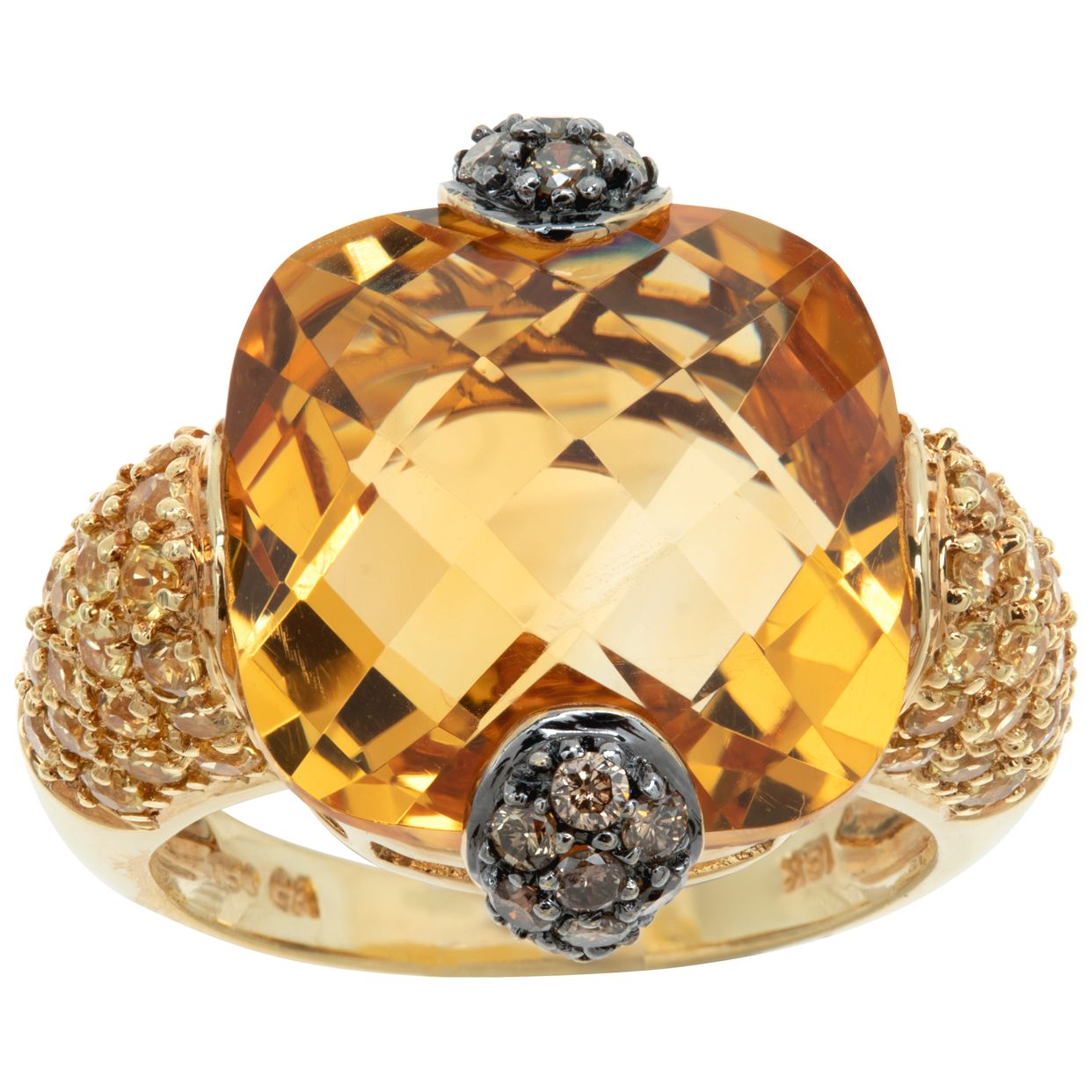 Citrine, lemon citrine, and chocolate diamond ring in 18k ye