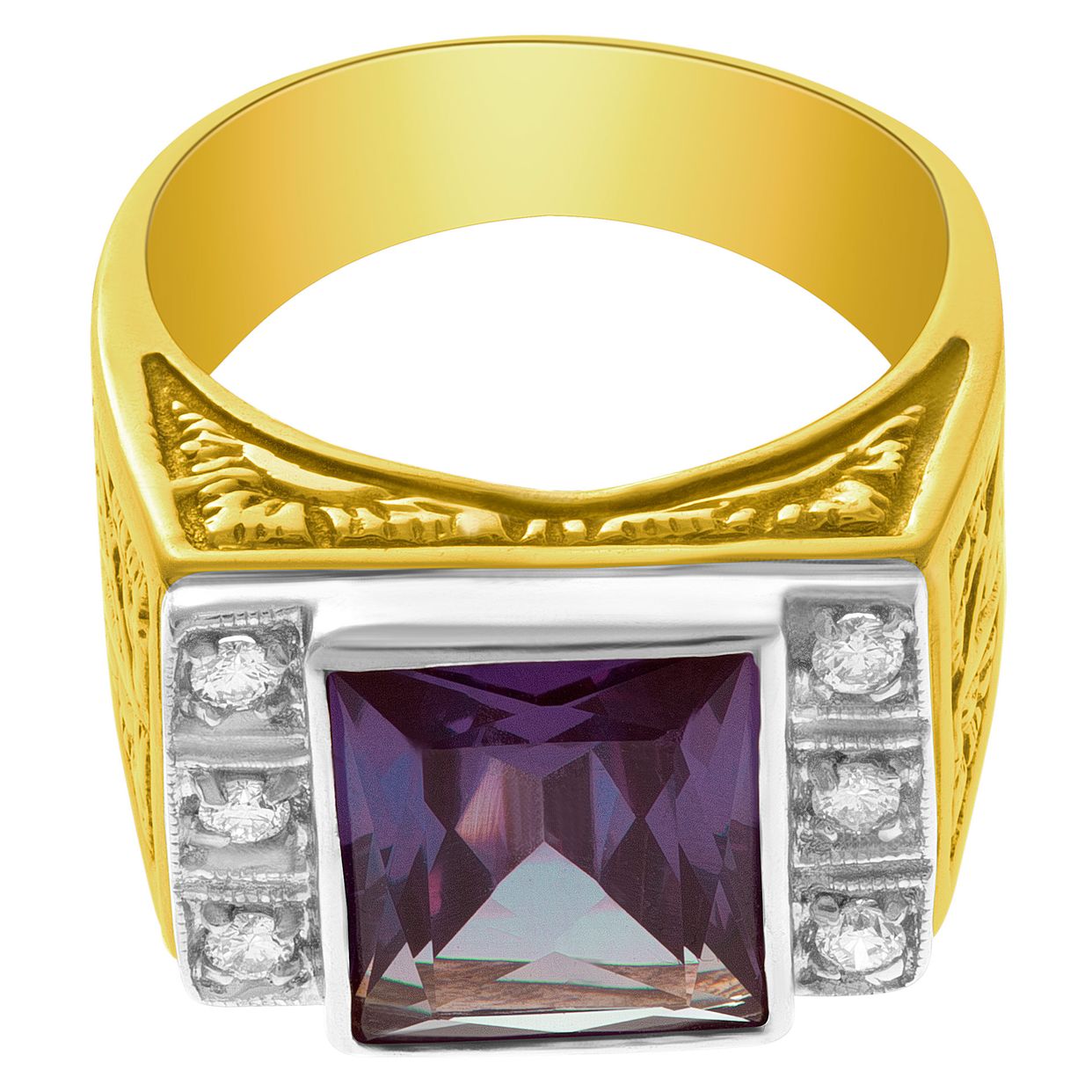 Color changing stone mounted in 18k yellow gold with diamond