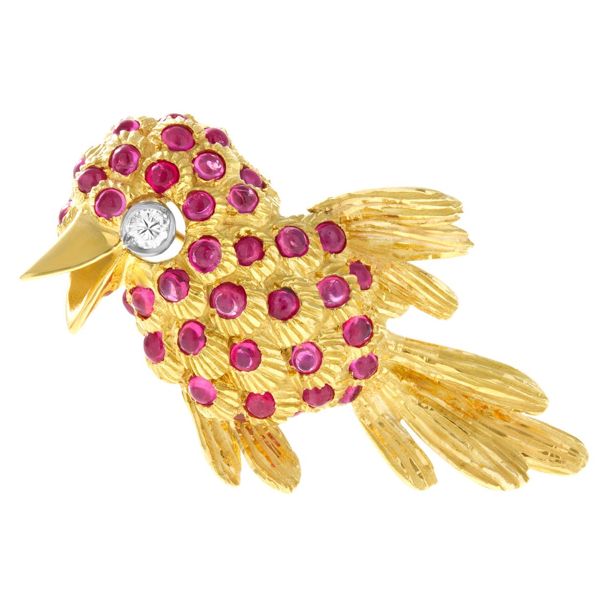 Cute ruby bird with diamond eye in 18k yellow gold | Gray & Sons