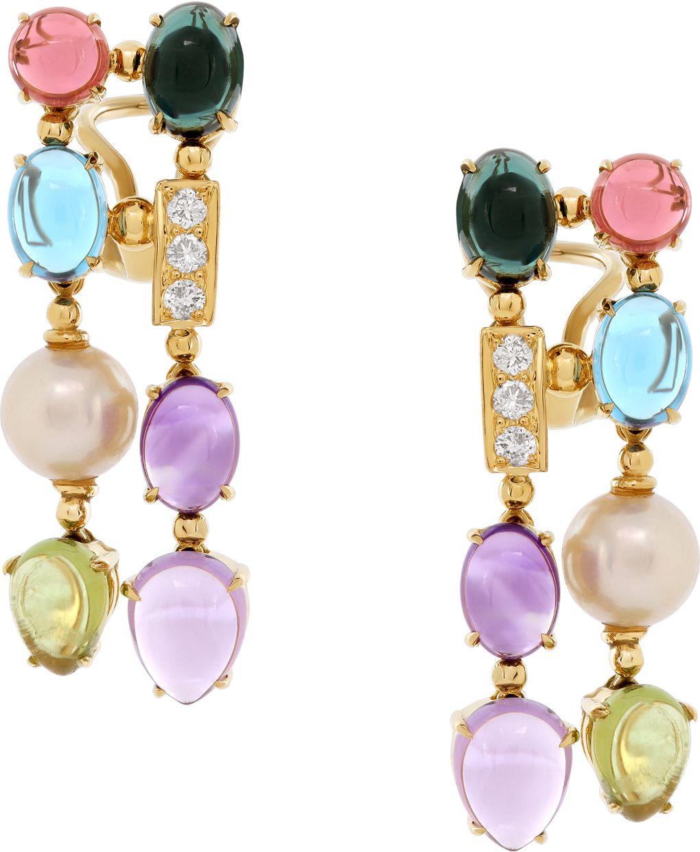 Dangling earrings in 18k yellow gold with pearls and cabochon