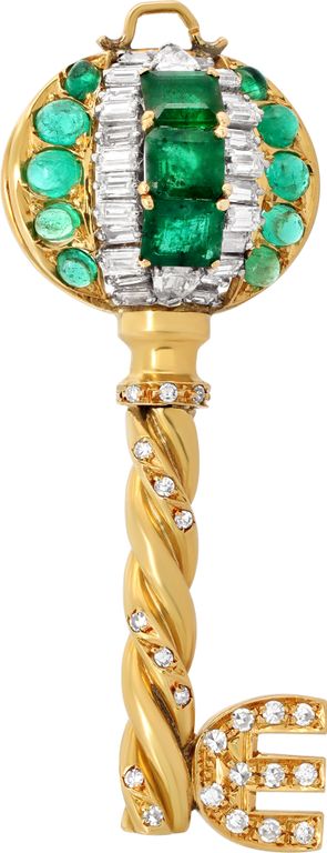 Diamond and Emerald Key Brooch/Pin/Pendant in 18k yellow | Gray & Sons