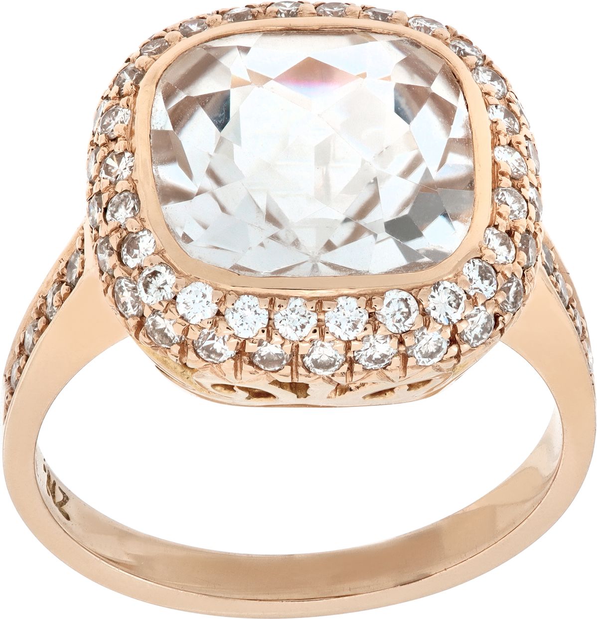 Diamonds and cushion cut white quartz ring in 18k yellow gold