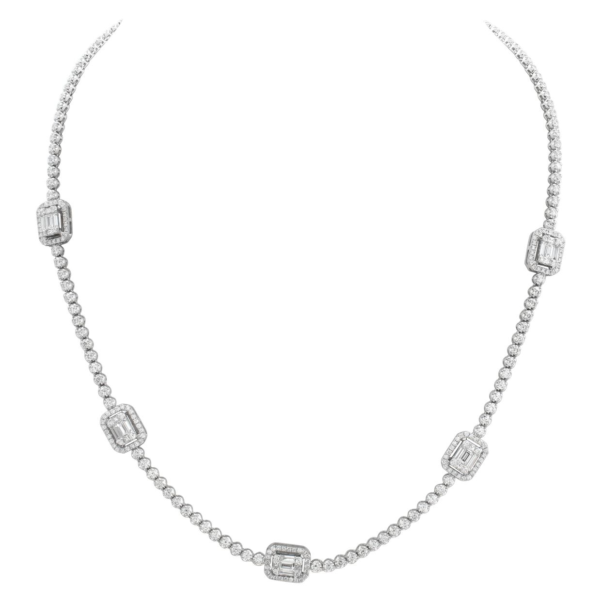 Diamond line necklace with baguette diamond stations in 18k