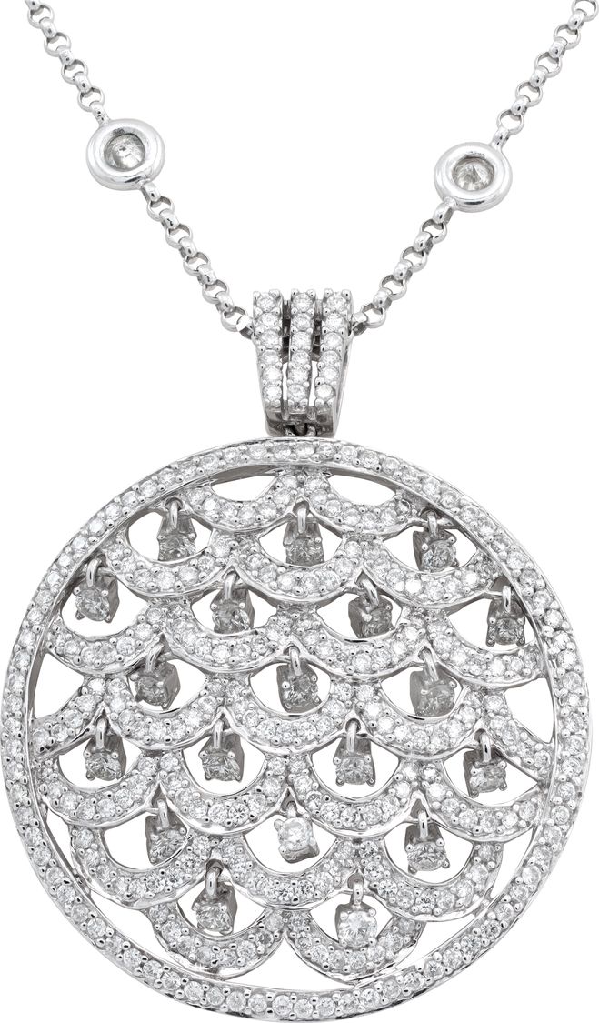 Diamond necklace with round pendant with waves and dangling