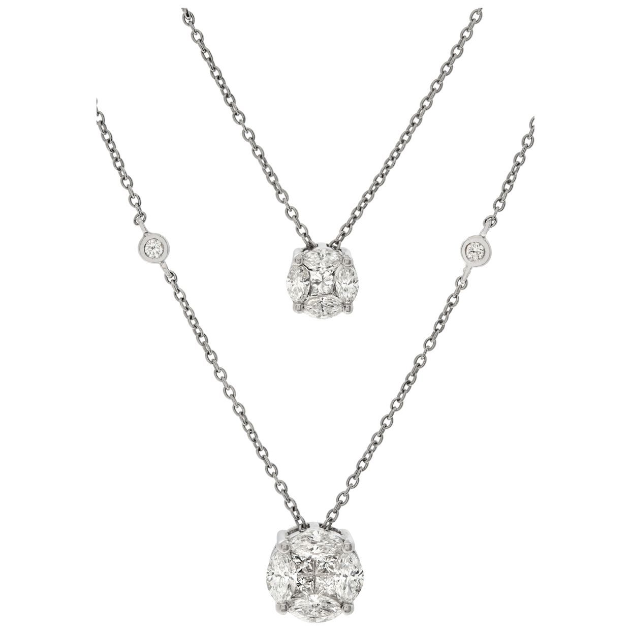 Double row necklace with diamond pendants in 18k white gold