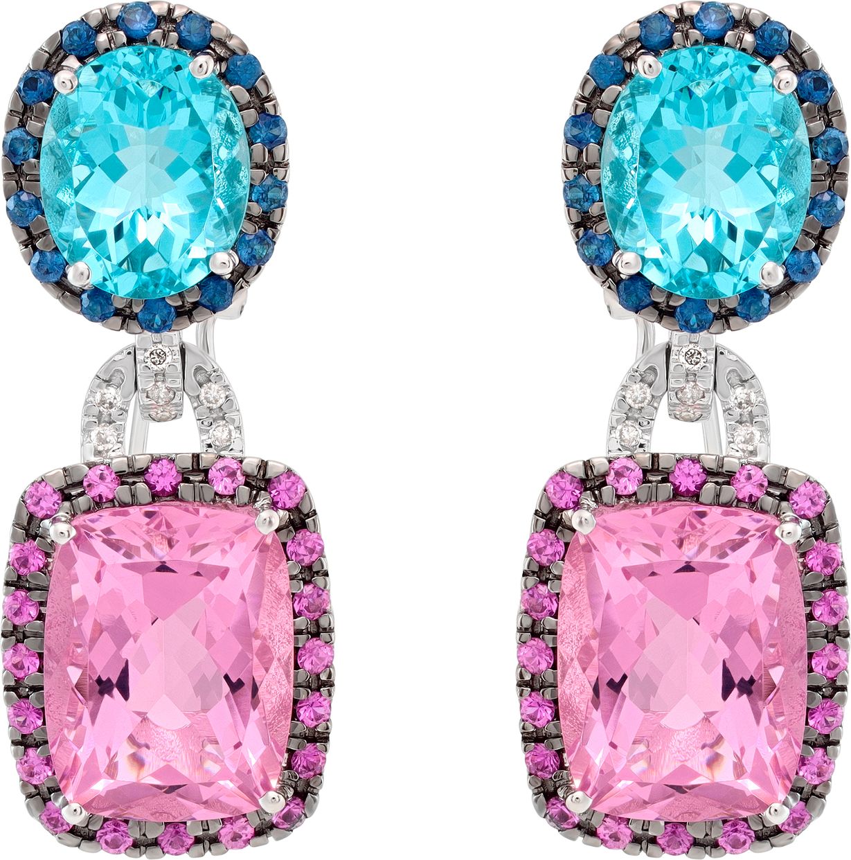 Earrings with rose quartz and halo set rubies, blue topaz ha