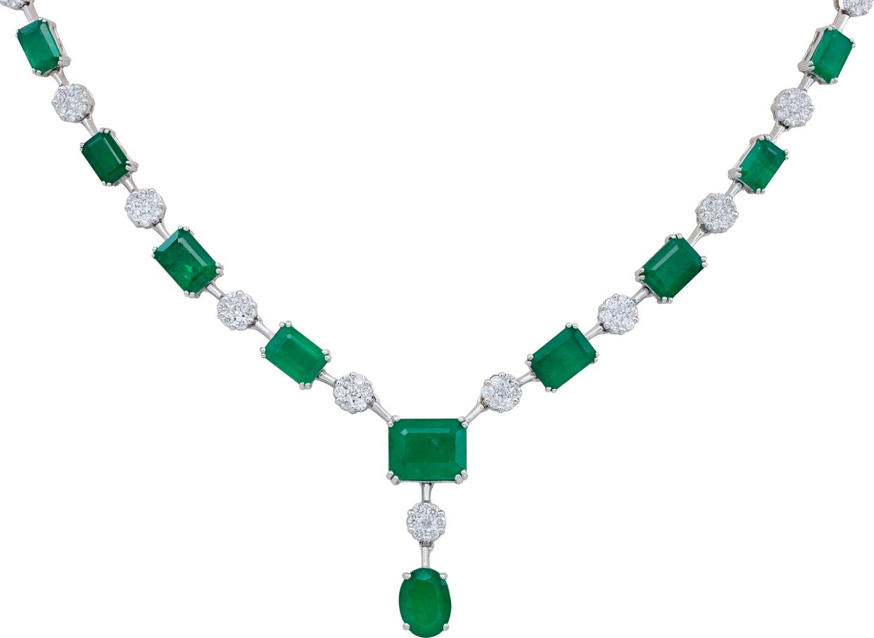 Emerald And Diamond Cascading Necklace In 18k White Gold | Gray & Sons