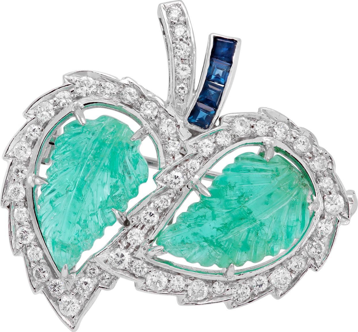 Emerald and diamonds leaf pin in 18k white gold | Gray & Sons Jewelers