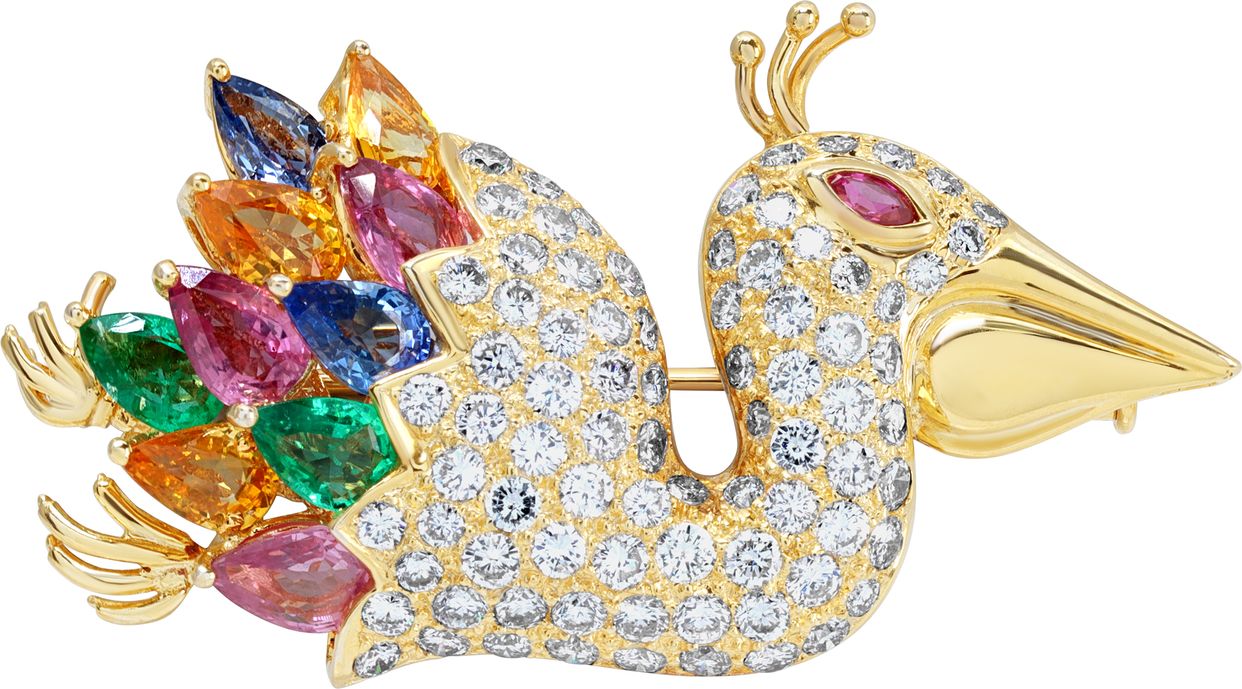 DIamonds & multi colored sapphires Stork pin in 18K yellow gold.