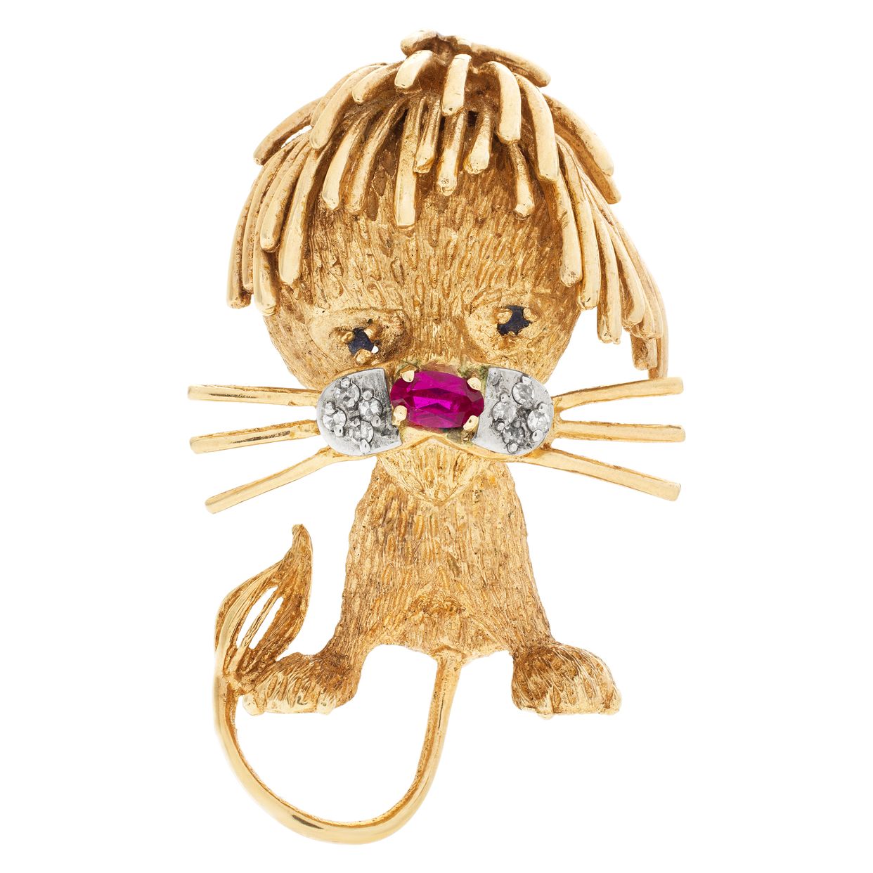 Fancy lion cub brooch in 14k with an oval ruby nose, diamond