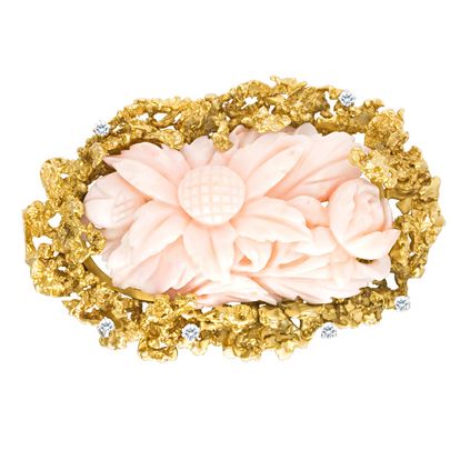 Flower "nugget" style pink coral brooch with diamond accents in