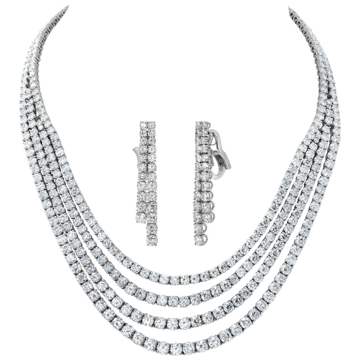 Four strand draping diamond necklace and dangling earring set