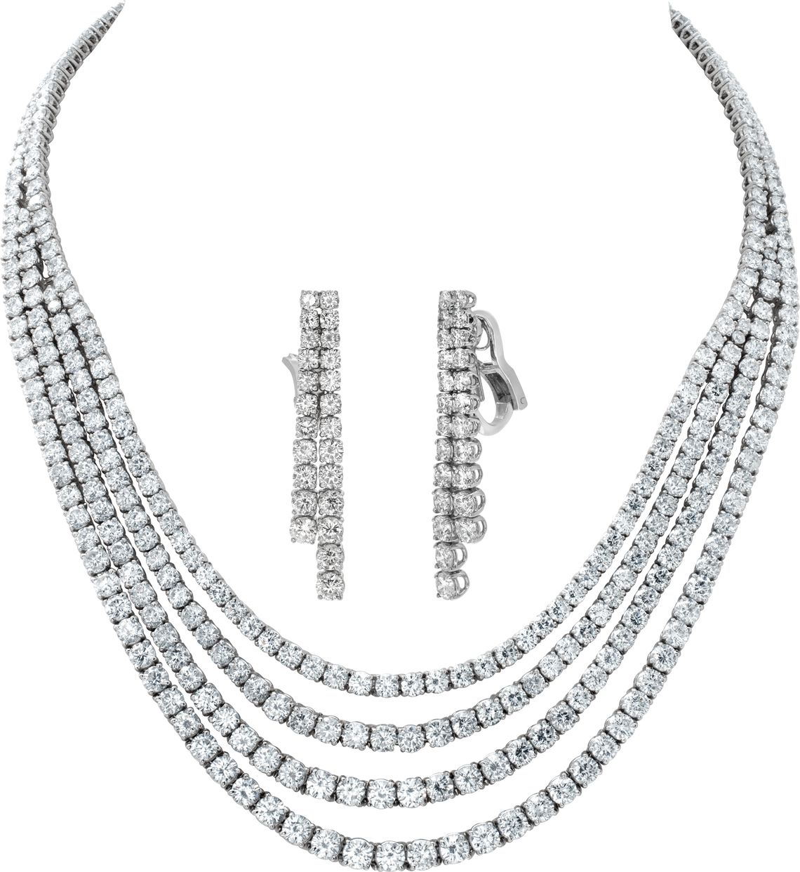 Four strand draping diamond necklace and dangling earring set