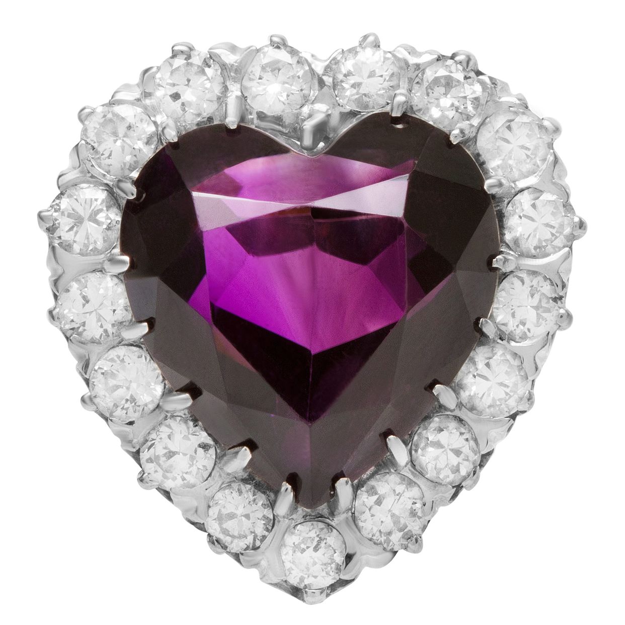 Heart shaped amethyst and diamond ring in 14k white gold