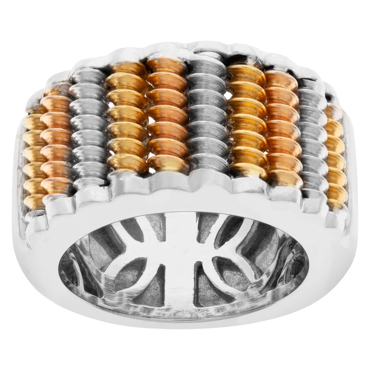 Heavy "modern coil" design ring in 18k white, yellow & pink gold