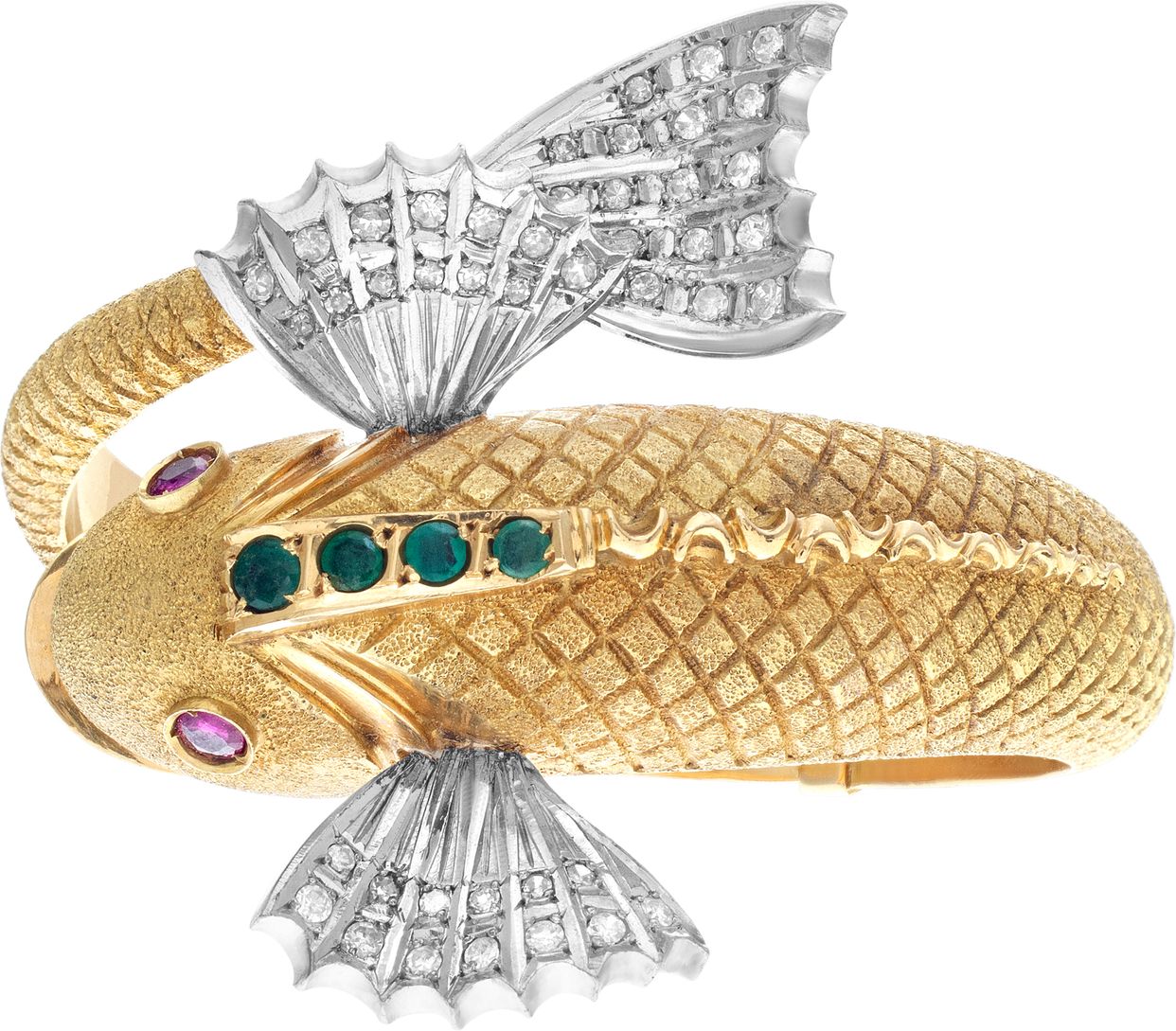 Koi Fish bangle in 18k yellow gold with 1 carat in diamonds.