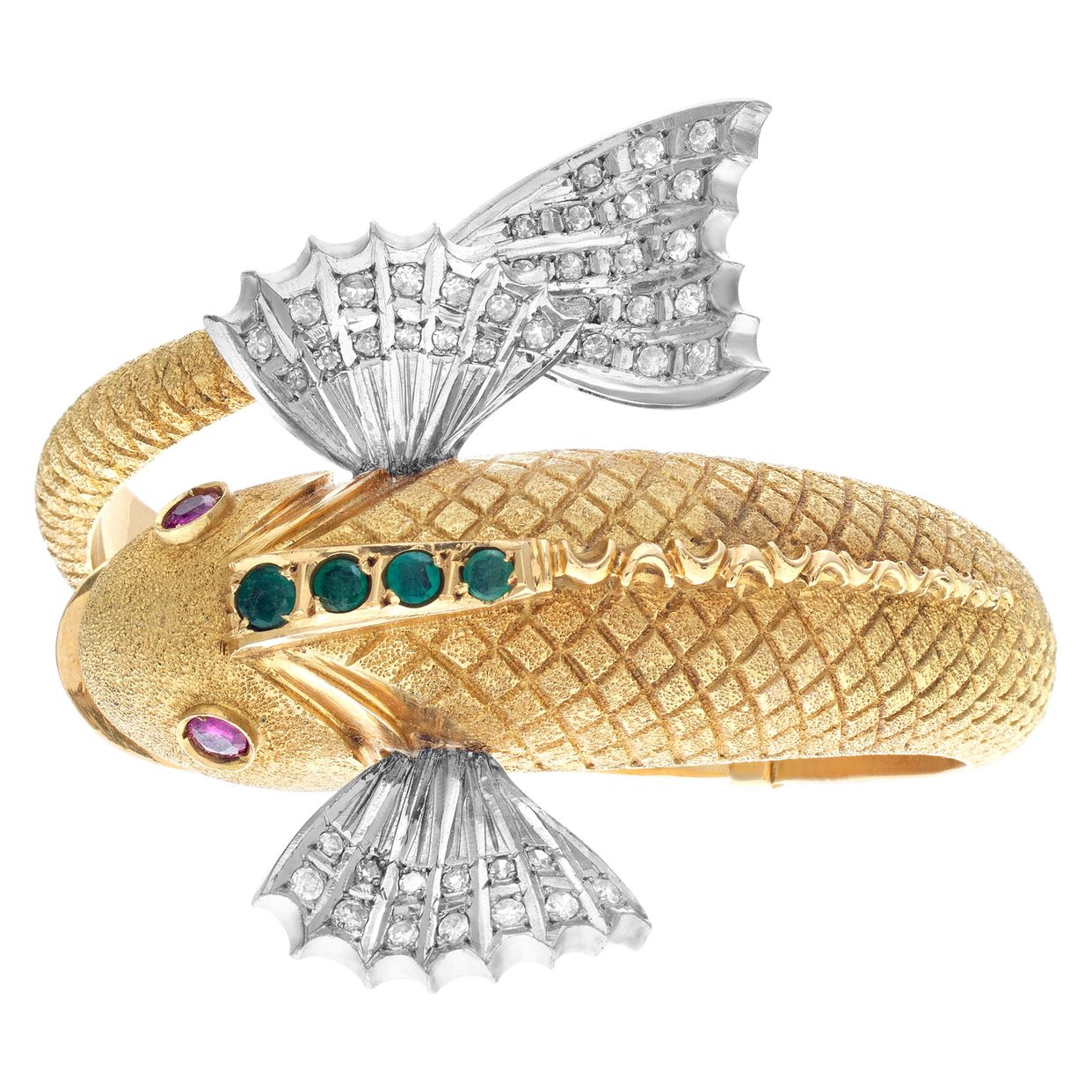Koi fish bangle in 18k yellow gold with 1 carat of accent