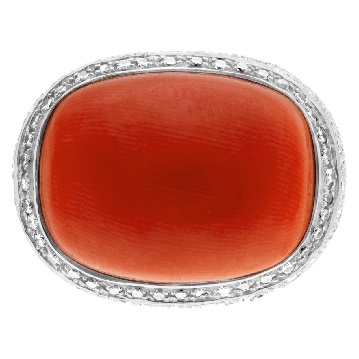 Large red coral cabochon ring with 0.50 carat pave diamonds in
