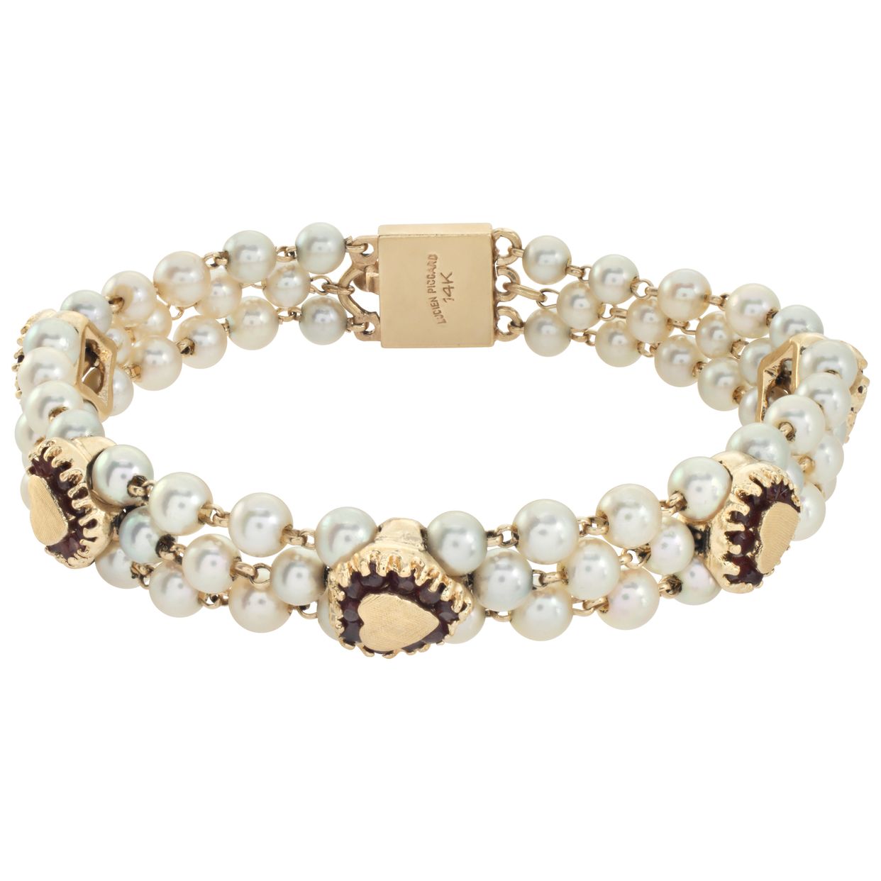 Lucien Piccard pearl bracelet with heart rubbies in 14k yell