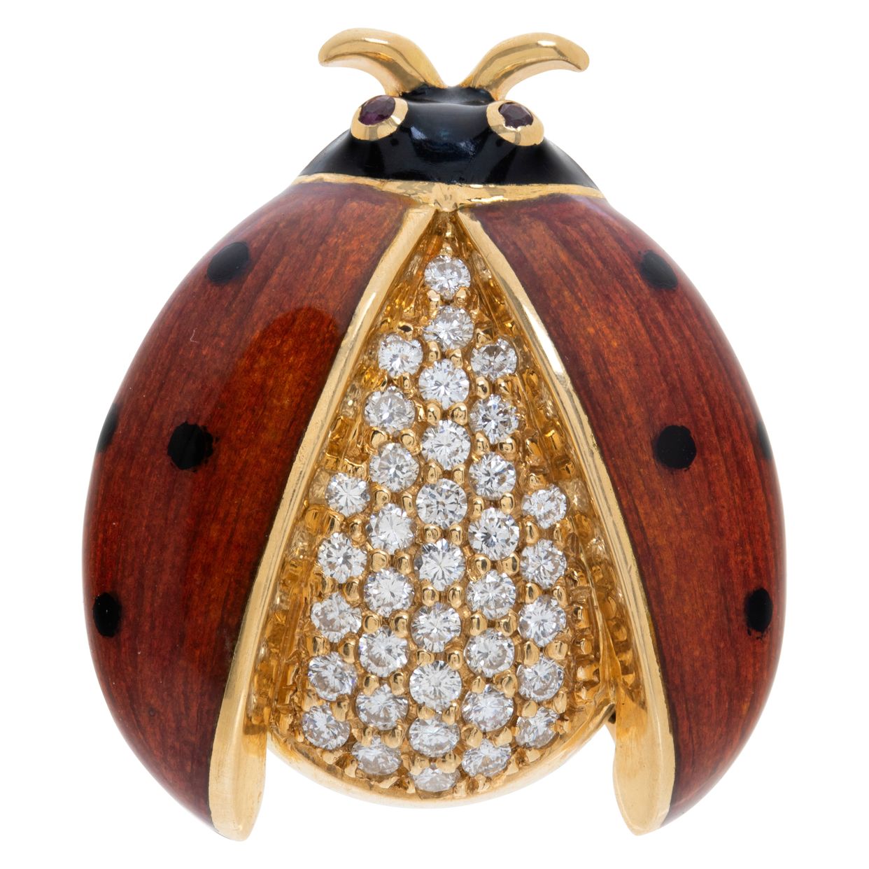 Lucky lady bug diamonds brooch in 18k gold, with ruby eyes,