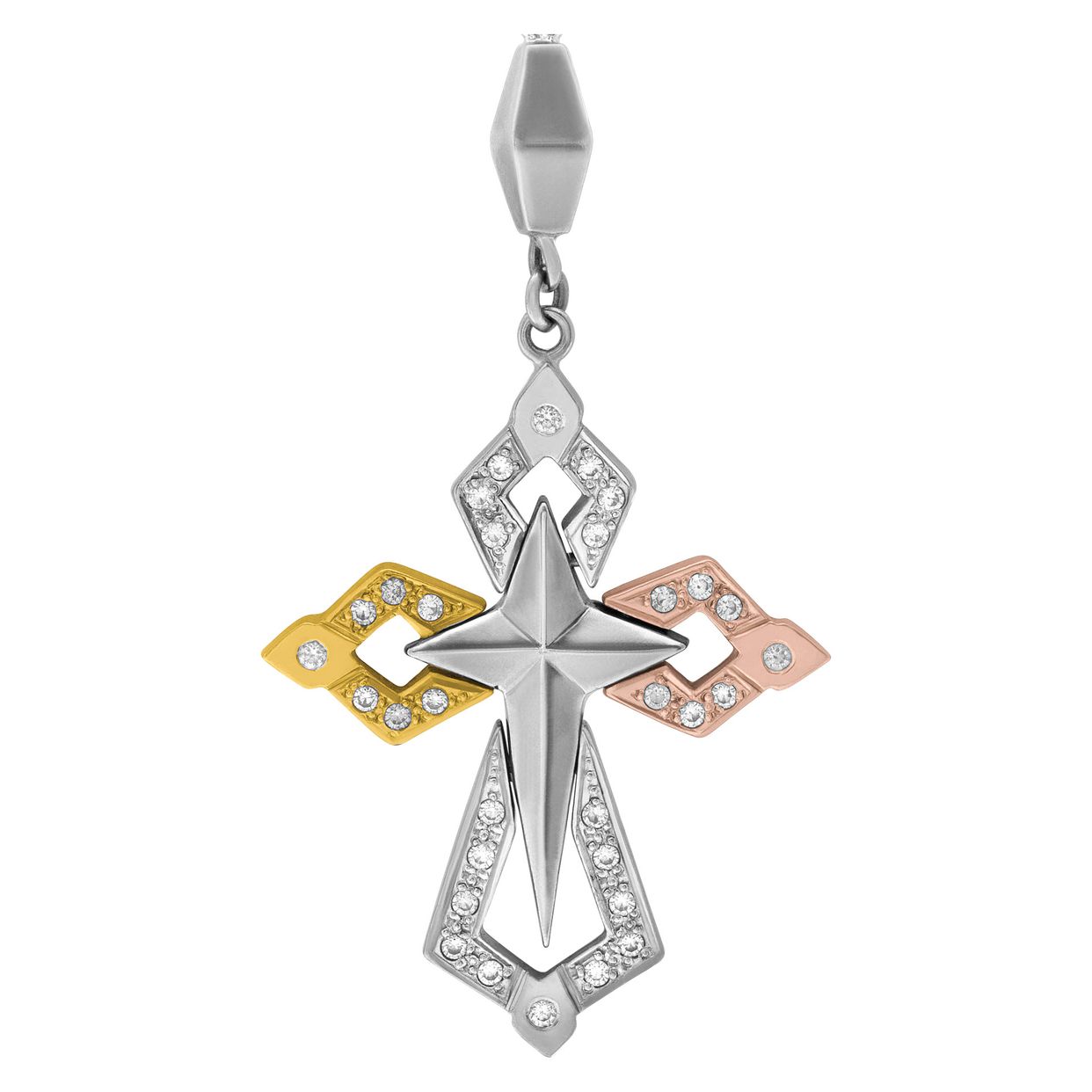 Mechanical link 18k tri-color cross pendant necklace w/ 0.30 cts