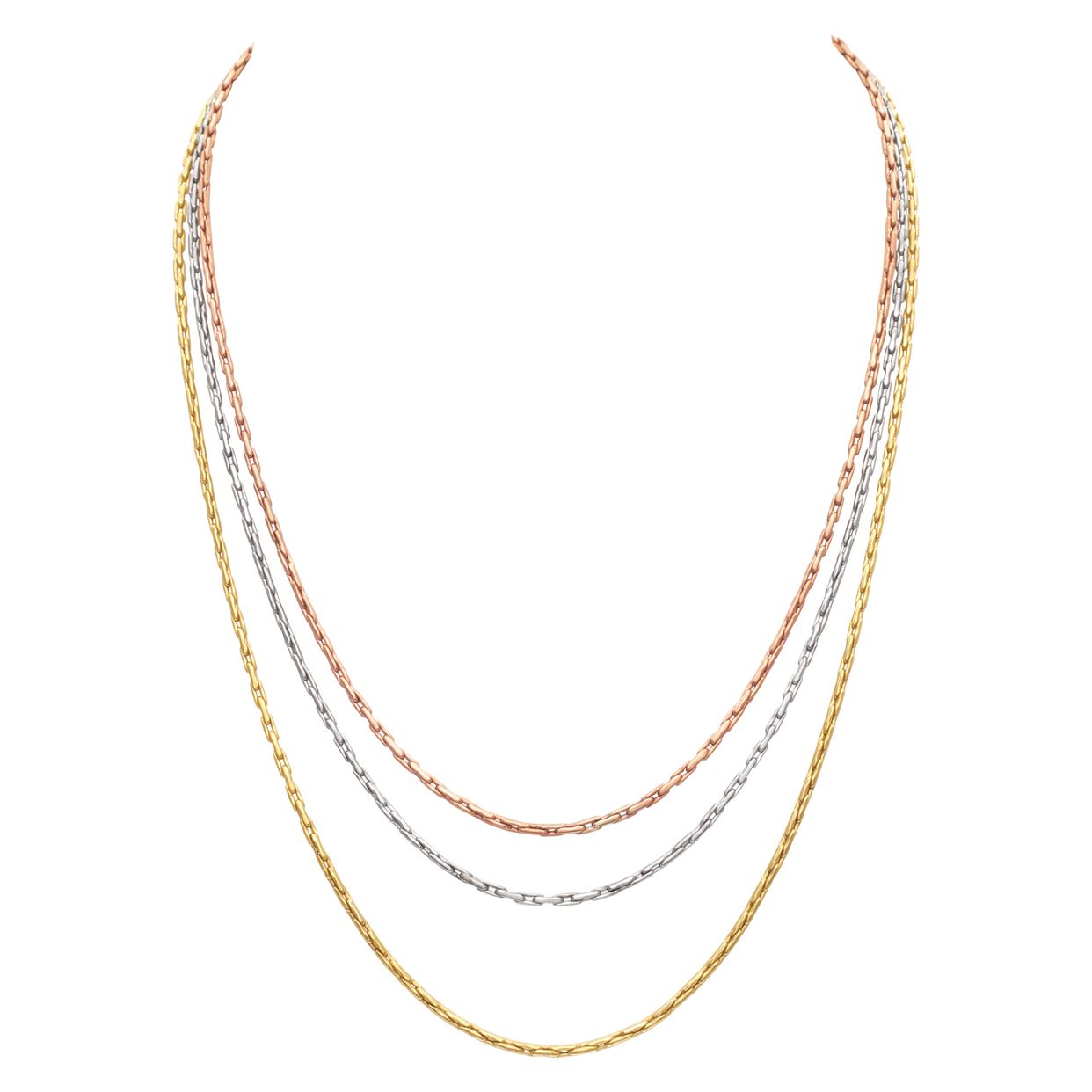 Multi color three row chain necklace in 14k white, yellow and
